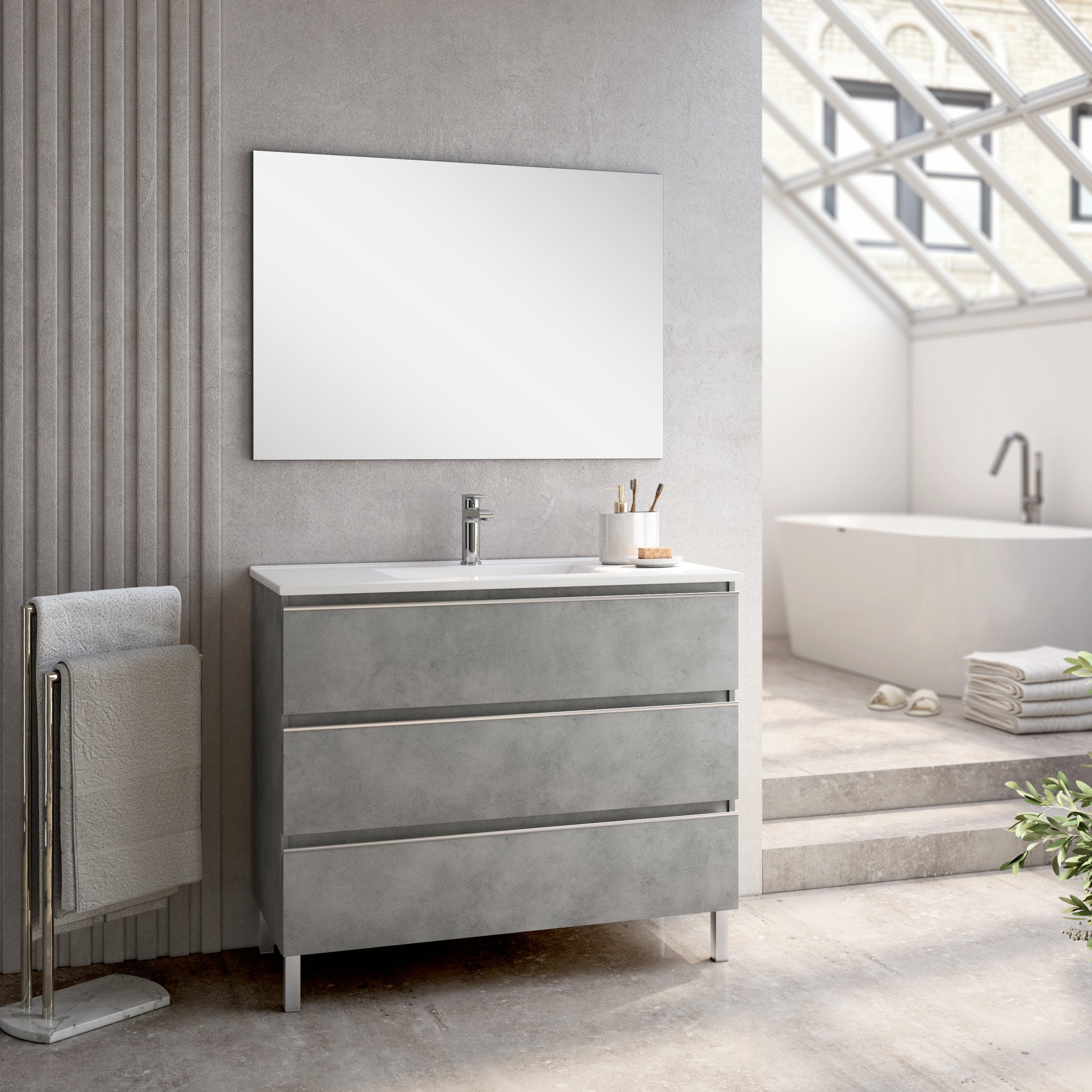 EGORE Meuble de salle de bain avec lavabo ROMA 3 Tiroirs Ciment 100x45 ...