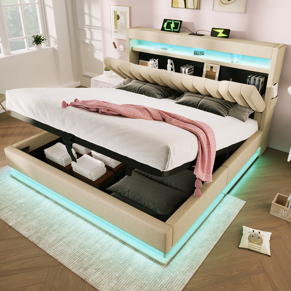 Lit double 180x200 cm moderne avec rangement, LEDs et ports USB/Type-C ...