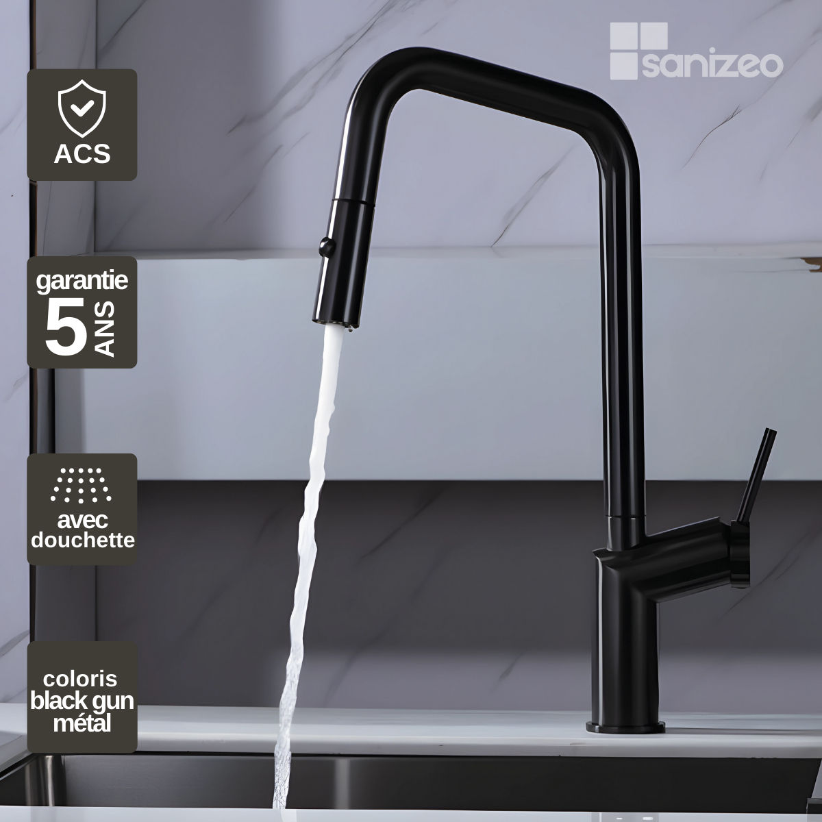 Robinet Mitigeur Évier Cuisine avec douchette extractible noir métal ...
