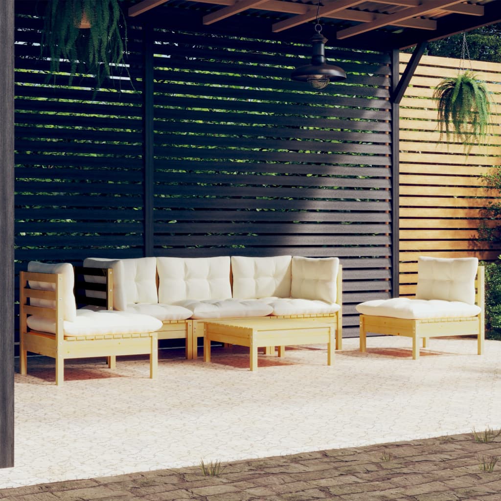 Muebles de jardín de 6 piezas con cojines color crema. Madera maciza de ...