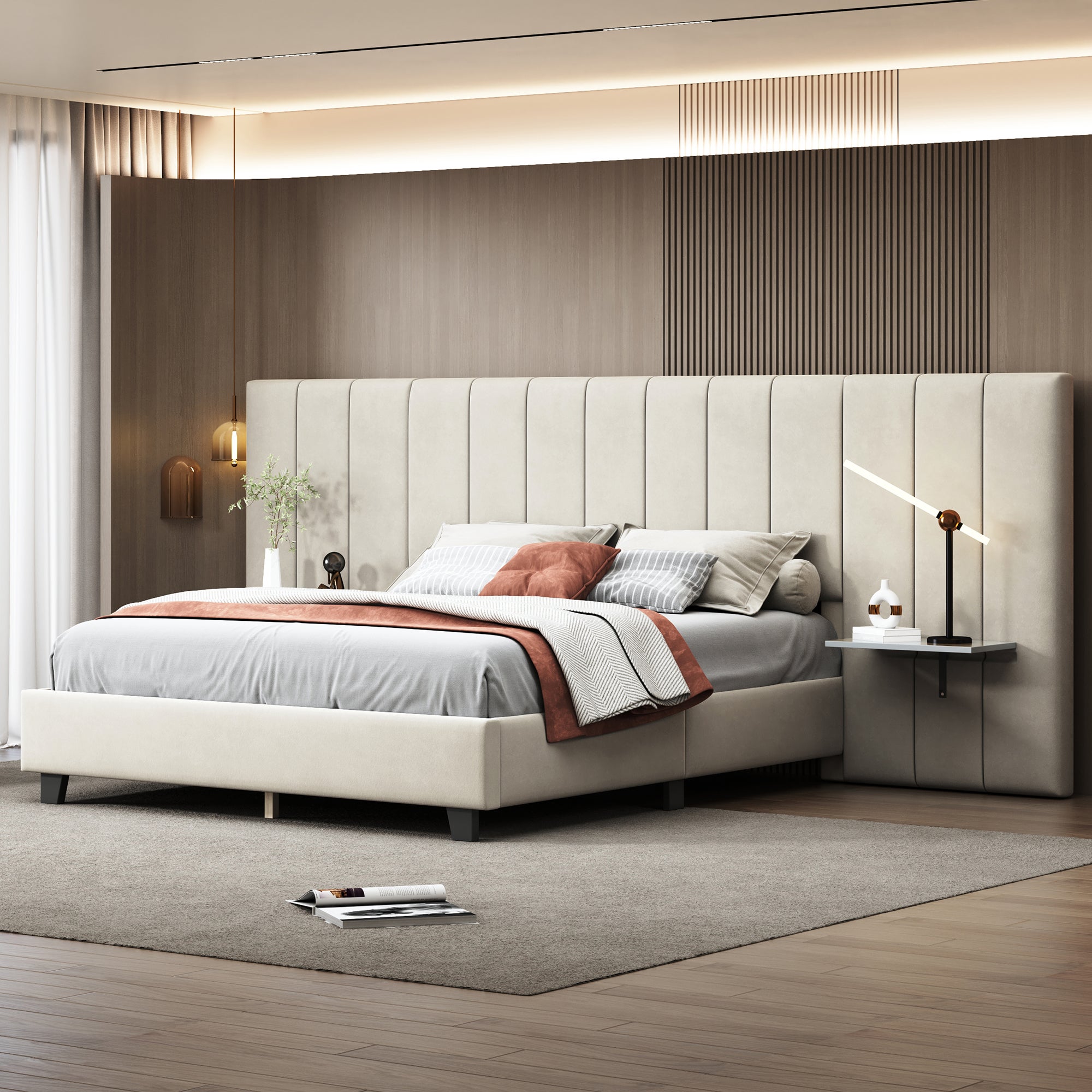 Lit capitonné 160 x 200 cm avec tête de lit et dossier allongés ...