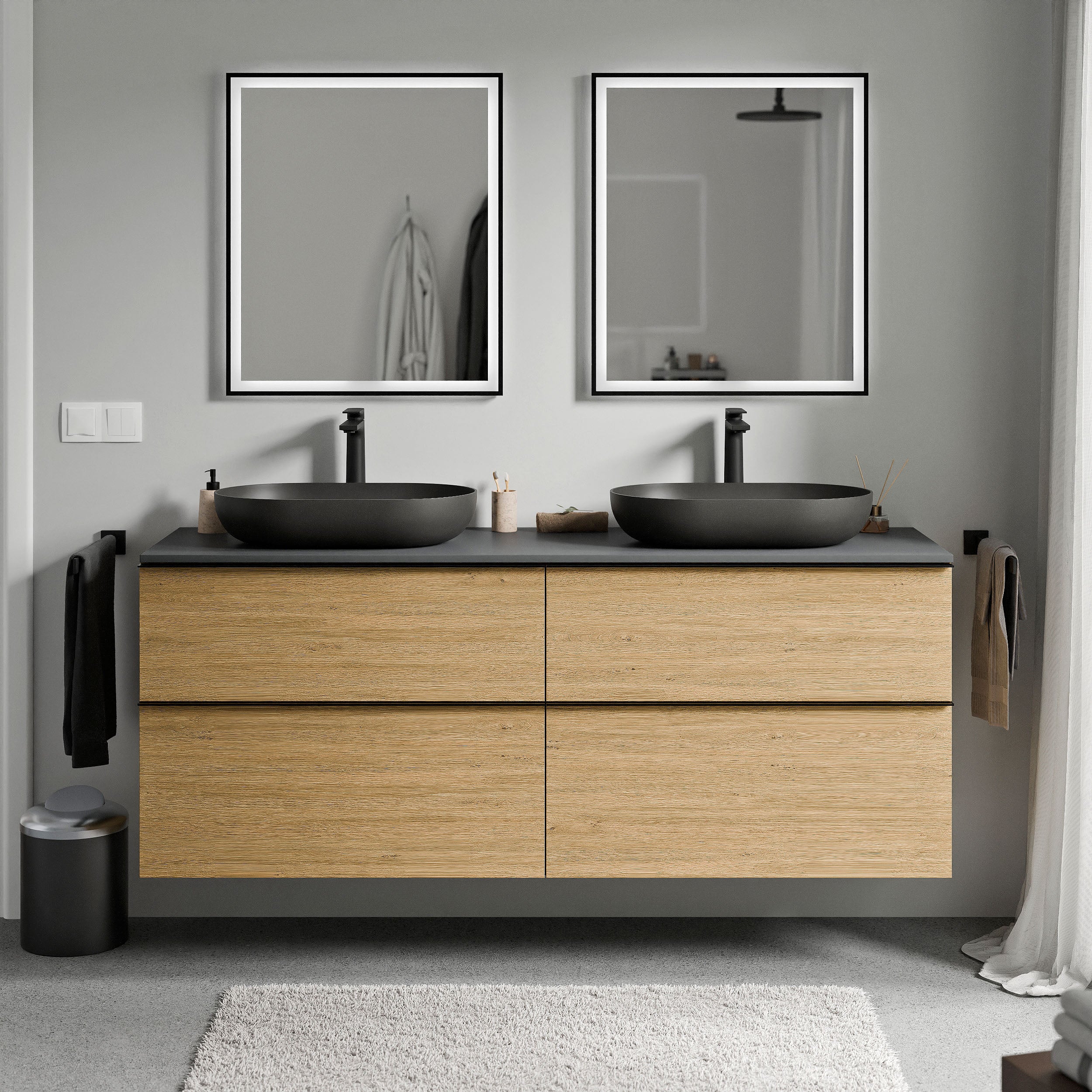 BERNSTEIN - Mueble lavabo suspendido MDF roble miel, encimera de lavabo ...