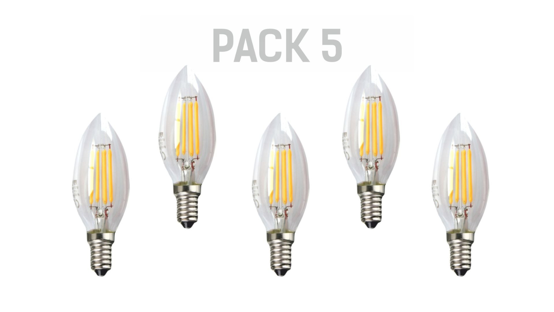 Pack de 5 ampoules LED E14 en forme de flamme à filament, 450lm, 4W, 5000K, 20 000h, transparent ...