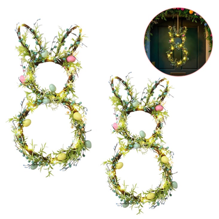 Pack de 2 coronas de conejito de Pascua con luces LED, huevos, ramas y ...