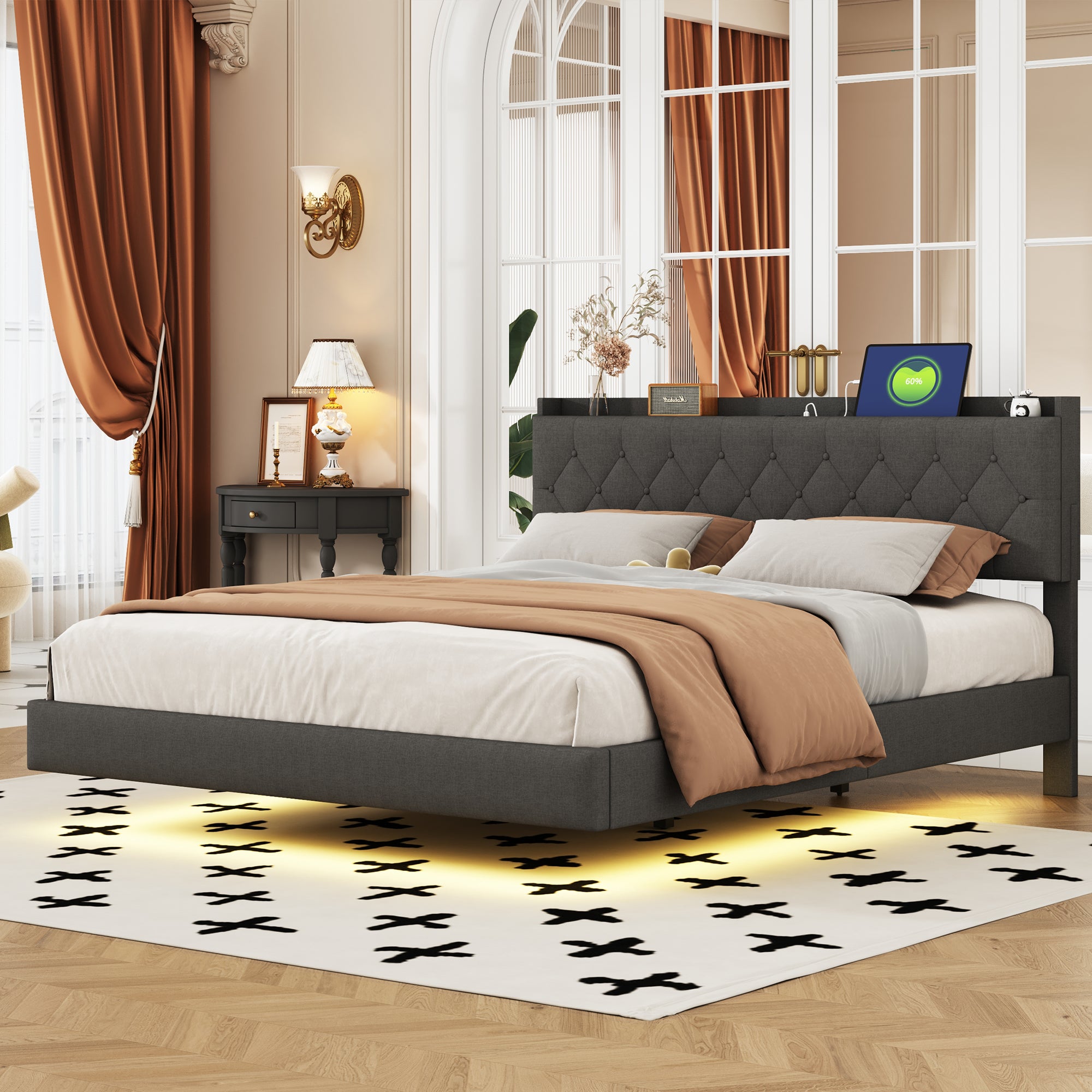 Lit rembourré 160*200cm avec port de chargement USB et bande lumineuse ...