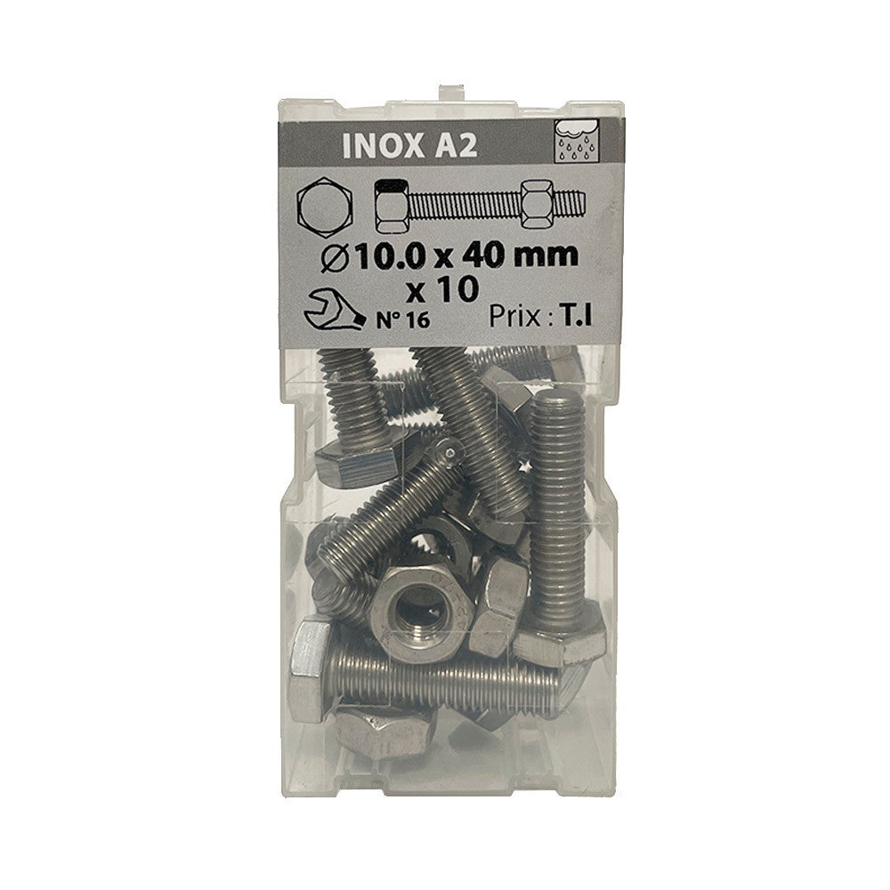 Boite 10 vis 10 x 40mm têtes hexagonale + écrou inox A2 - Vissal ...