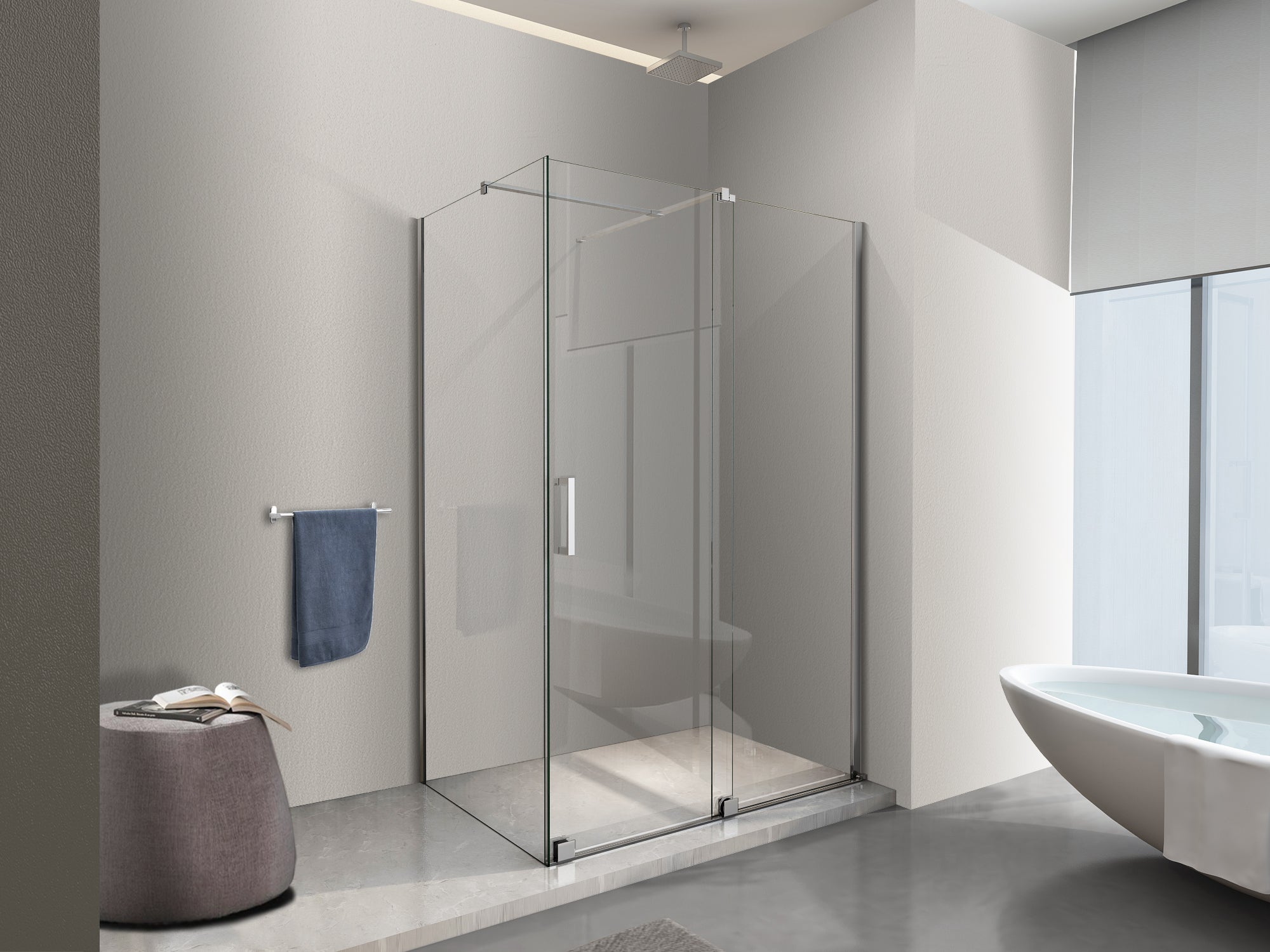 NALA Cabine de douche d'angle - panneau latéral fixe et porte frontale coulissante sans cadre H ...