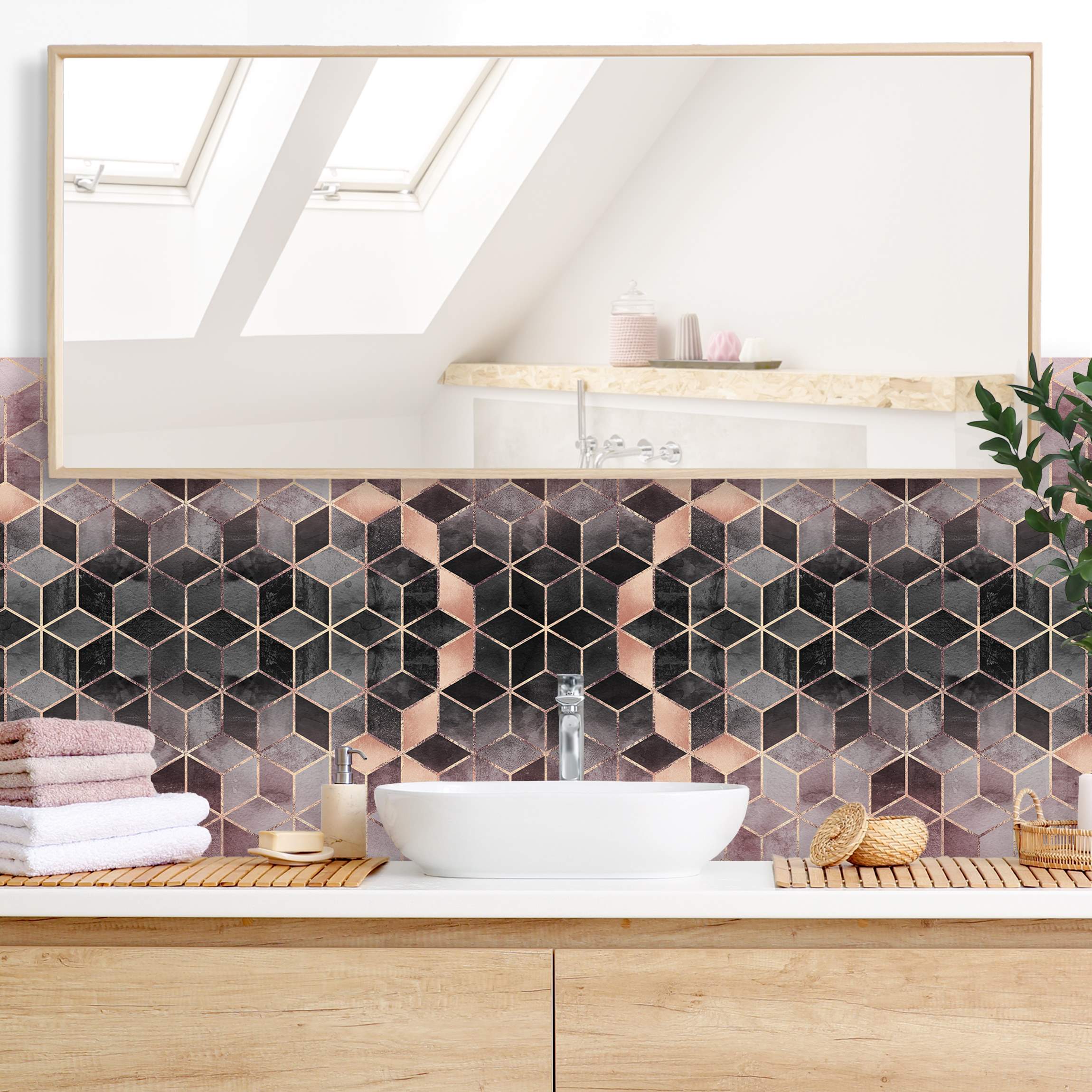 Panneau mural pour salle de bain - Rose Gris Géométrie dorée II 150 x ...