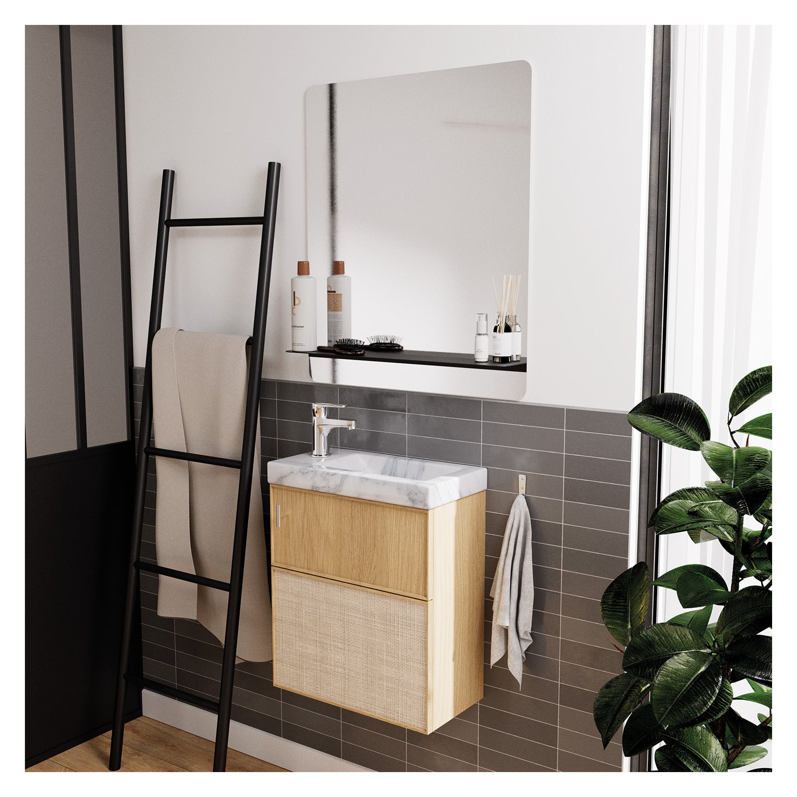 Mueble lavabo suspendido efecto roble claro y yute ZEPHIR L.43,2 x H.48 ...