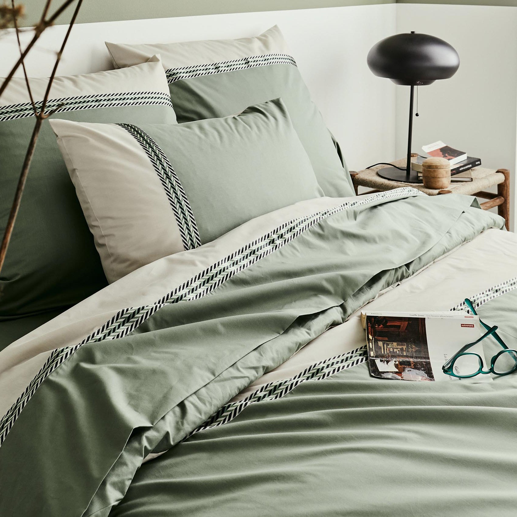Drap plat en percale de coton à galon géométrique - Vert Olive ...