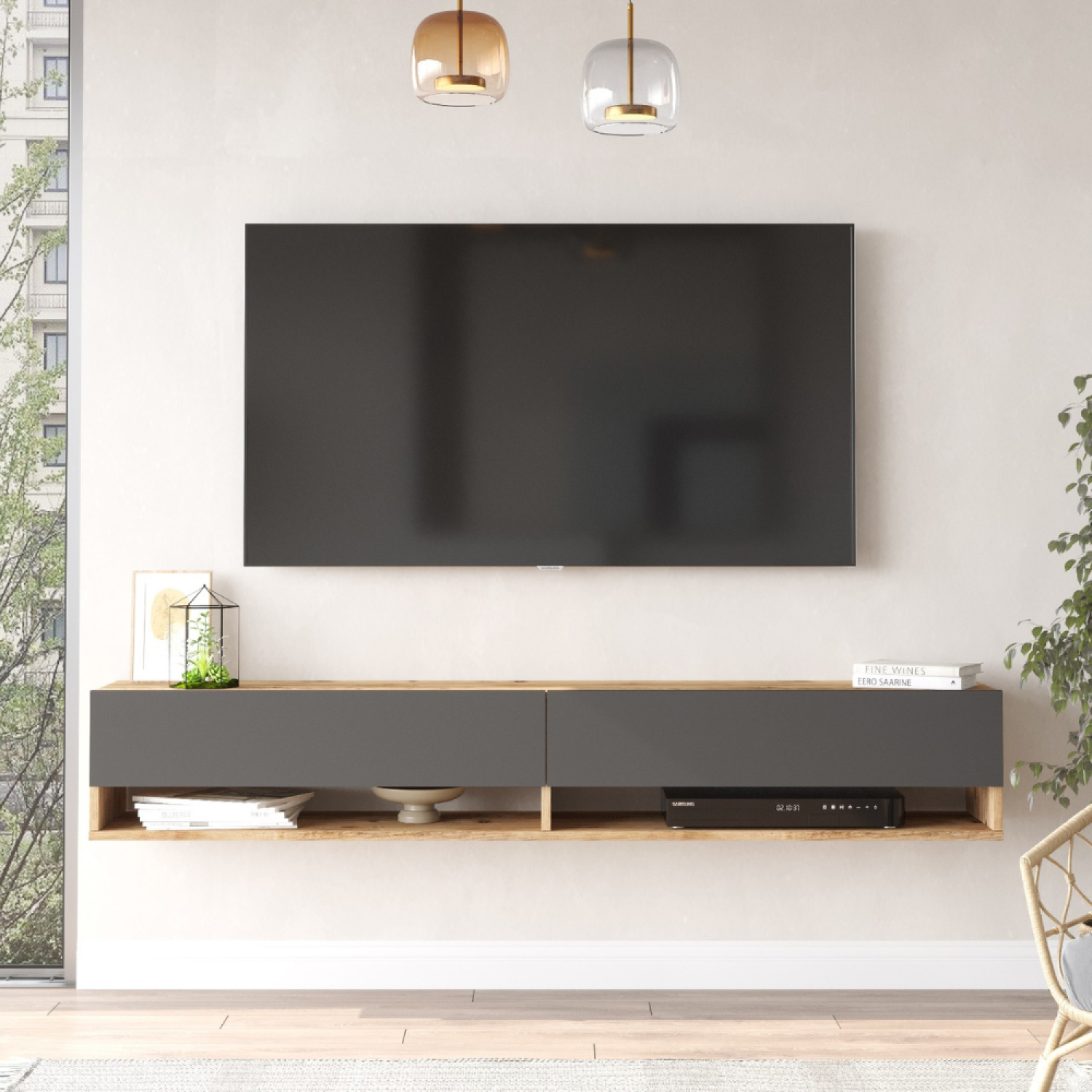 Meuble TV suspendu bois et anthracite 180 cm MOI | Leroy Merlin