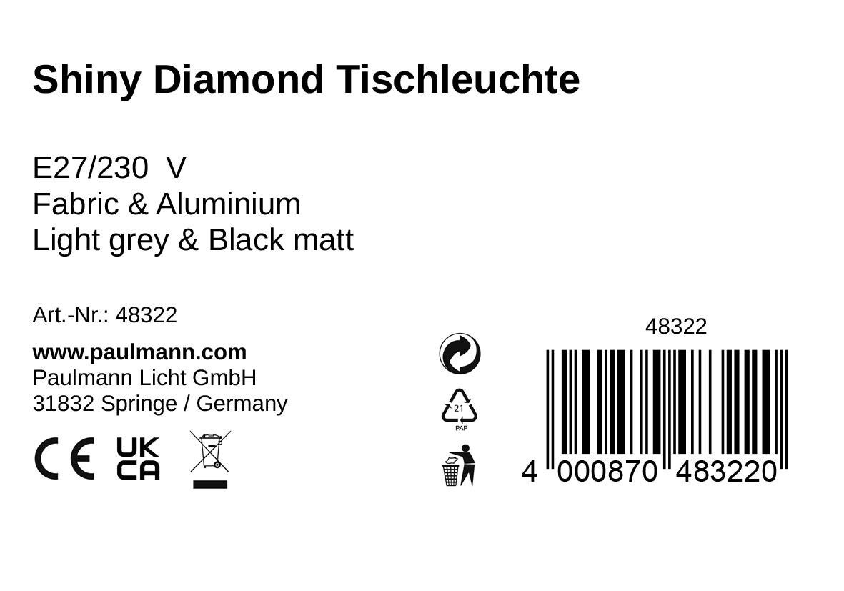 Pauleen Lampe à poser Shiny Diamond E27 max. 20W Gris clair#Noir mat ...