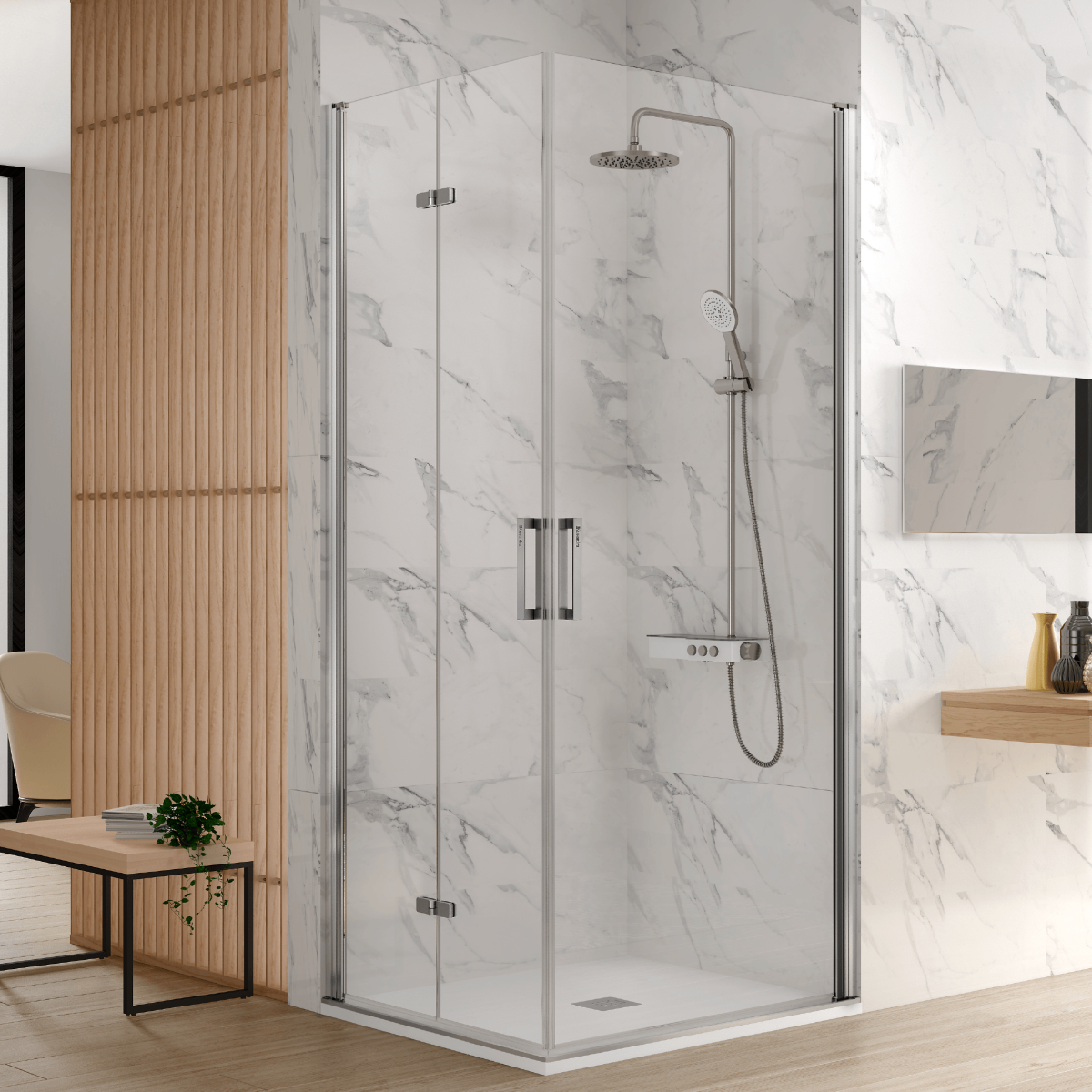 Angular de ducha Puerta Plegable 95 cm + Puerta Abatible NARDI Anclage ...