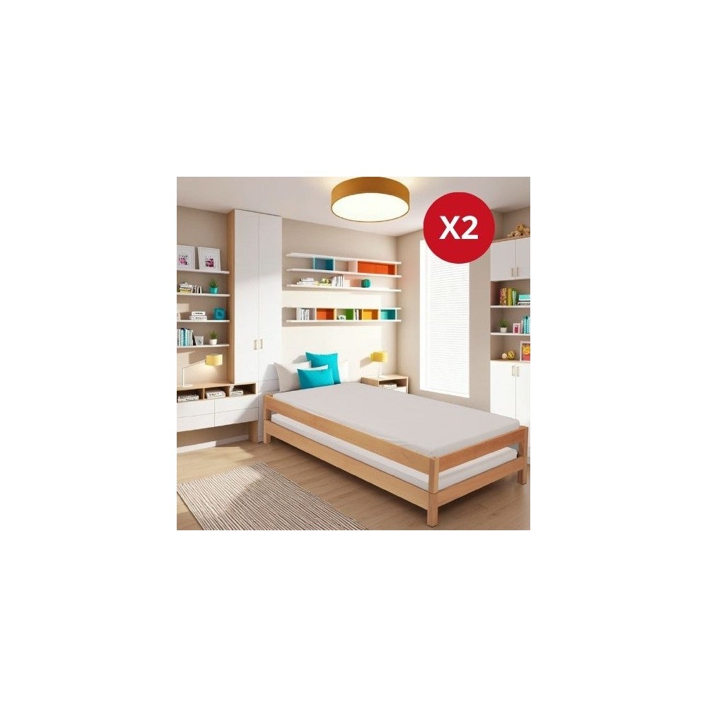 Lit empilable JONAS 90x200 (lot de deux lits)+ 2 sommiers / Hêtre ...