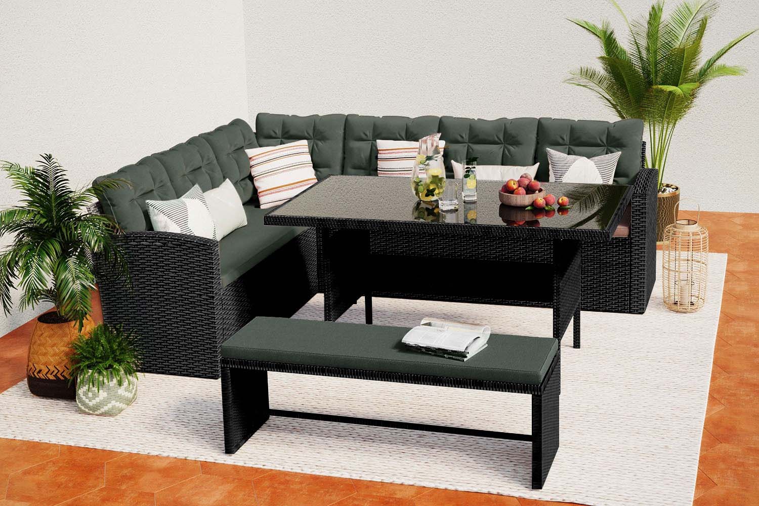 Salon de jardin 8 places en résine anthracite et coussins verts MOOREA ...