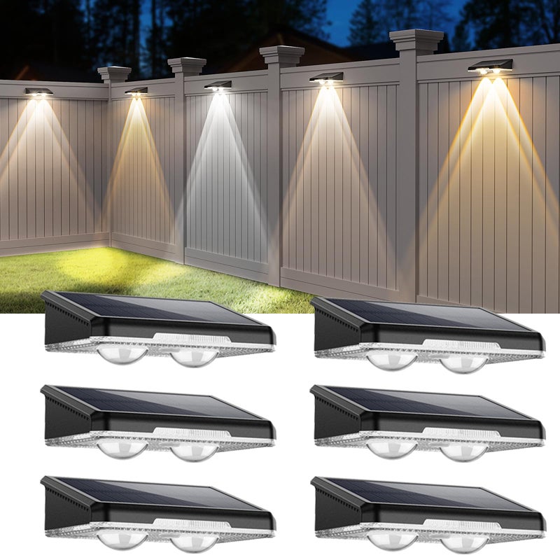 6 PCS Solar Fence Lights Outdoor, 3000/4000/6000K, 3 modes, IP64 Solar ...
