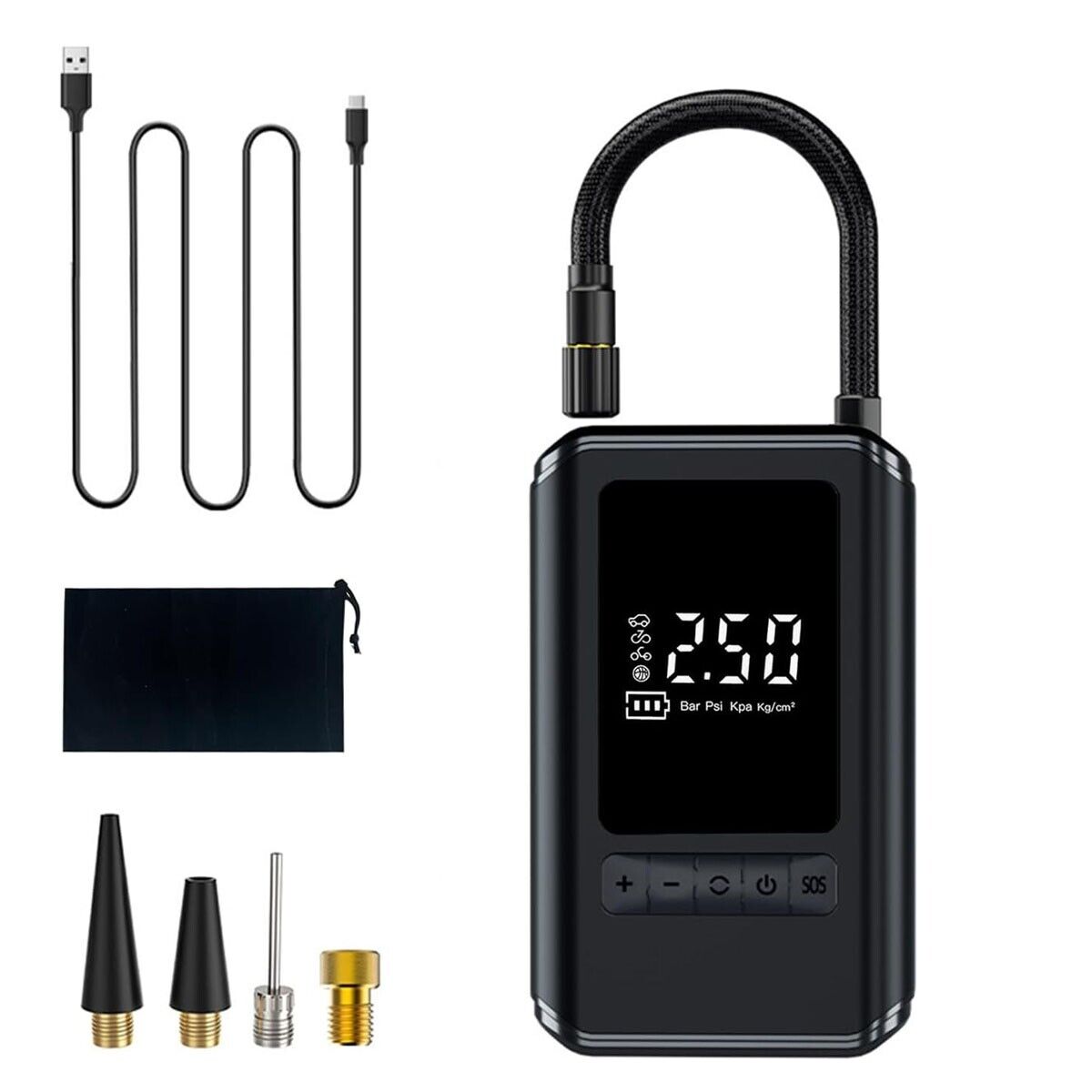 MINI COMPRESSORE AD ARIA AUTO PORTATILE GONFIATORE RICARICABILE DISPLAY ...