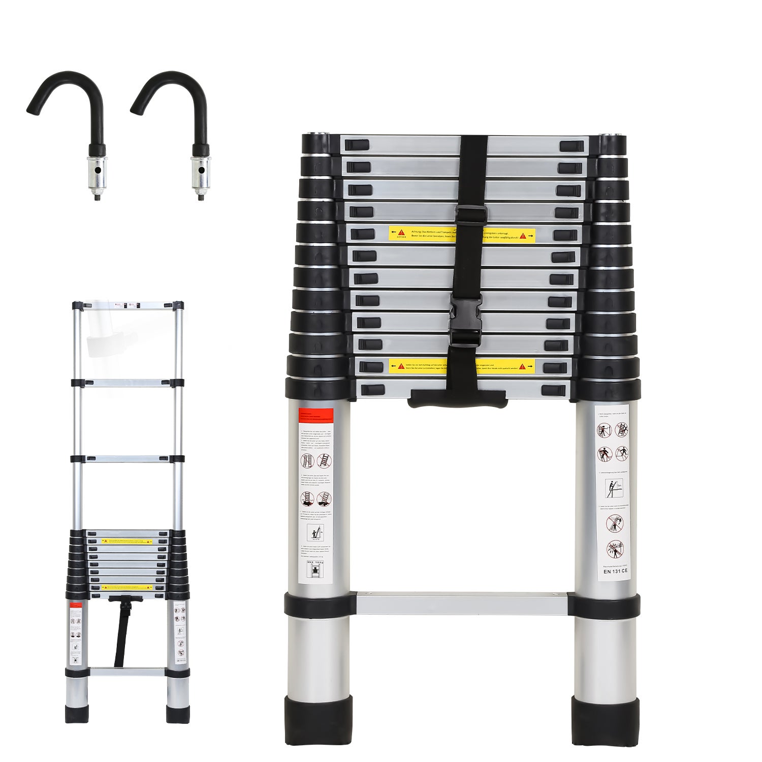 Escalera telescópica 3,8 m plateada + gancho escalera de techo escalera ...