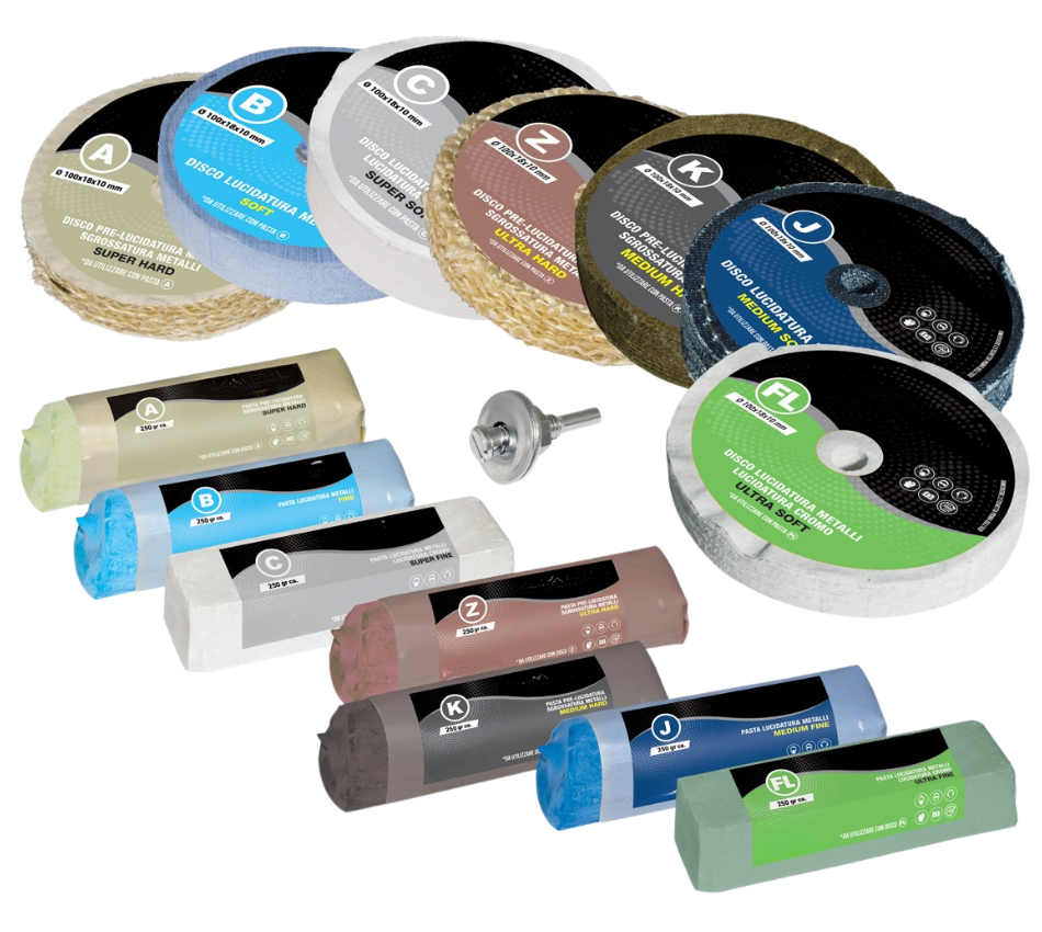Kit polissage métaux 7 disques 100 mm + 7 pâtes 250 g inox alu miroir ...