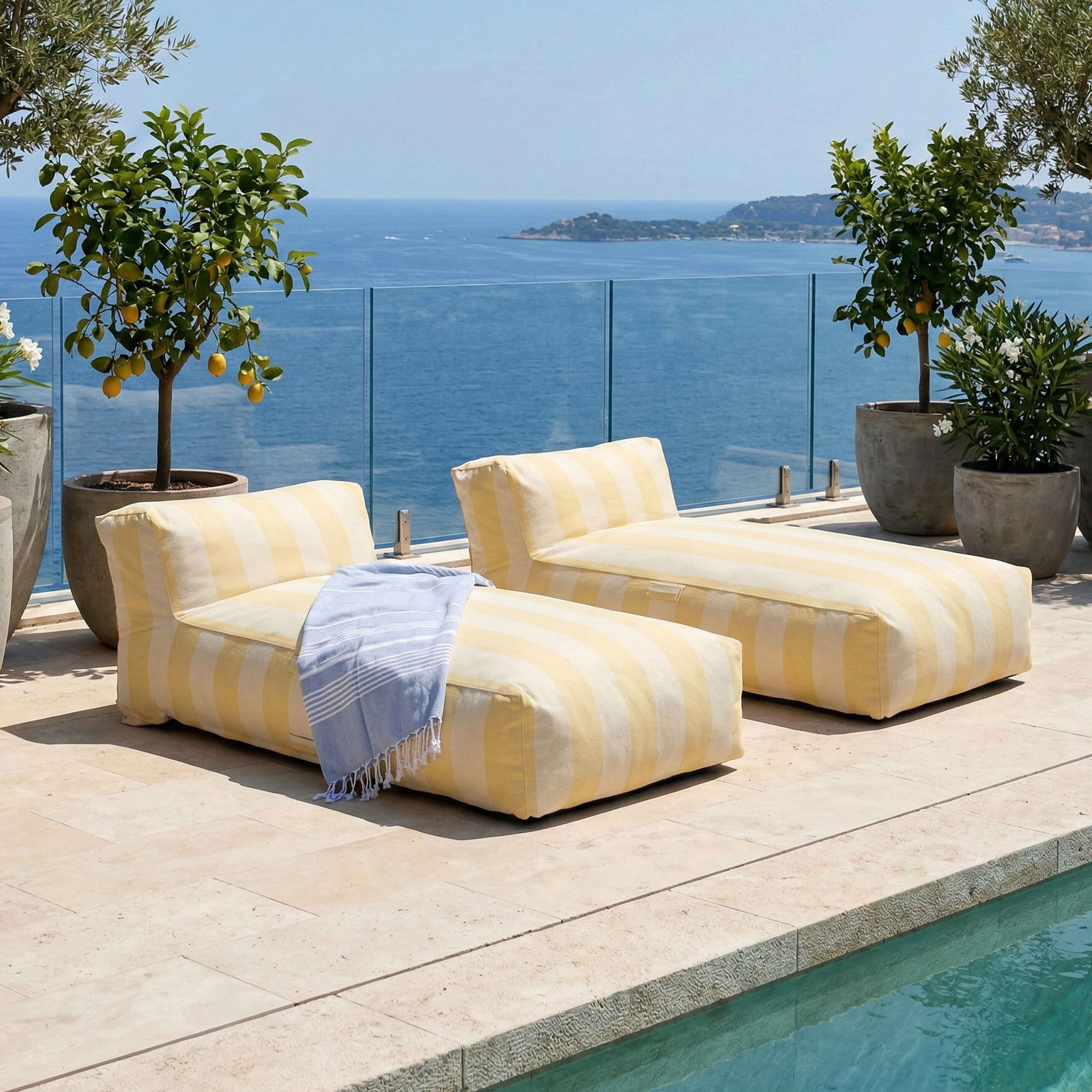 Salon de jardin modulable avec 2 méridiennes rayées jaune clair , Mixi ...
