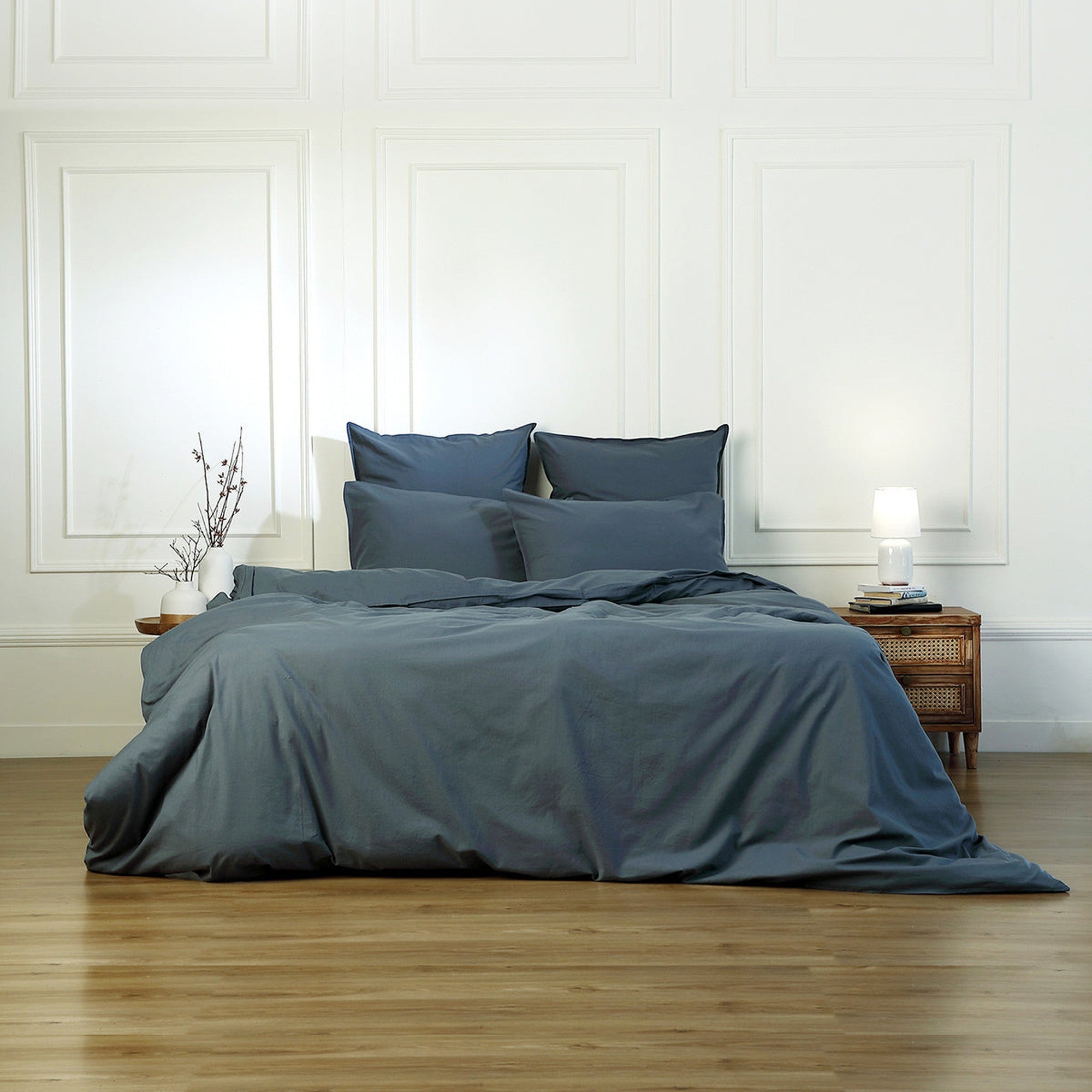 Parure de lit 240x220+2(65x65) coton lavé bleu orage | Leroy Merlin