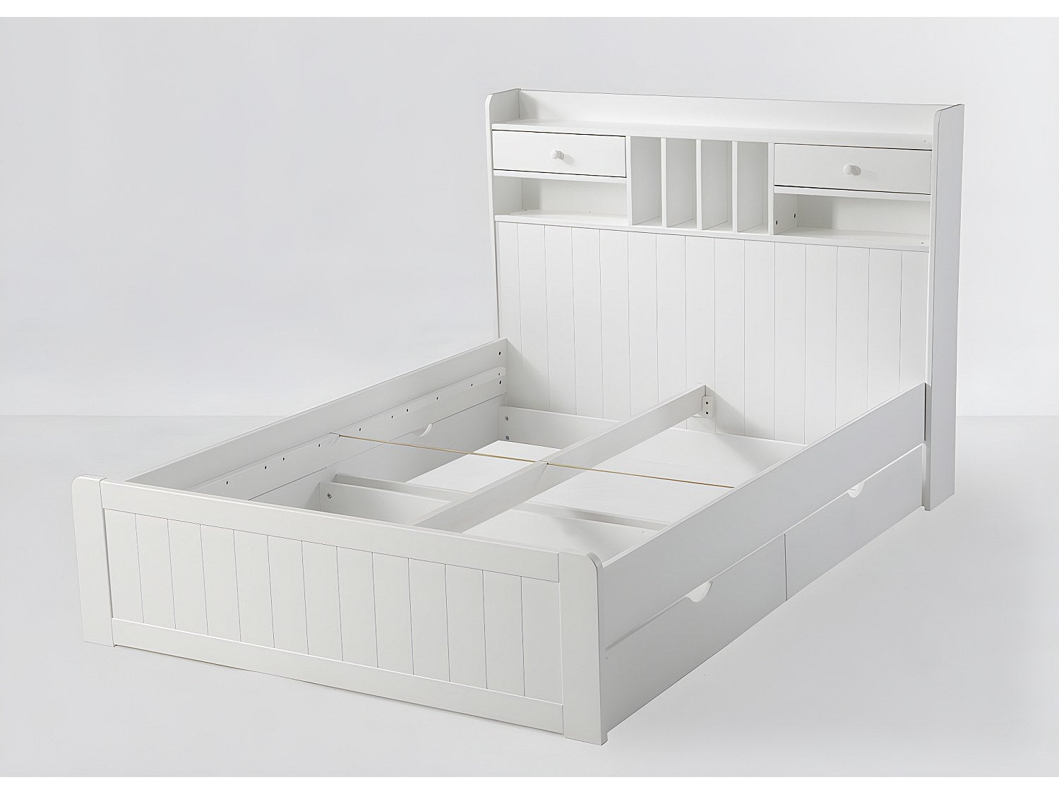 Lit avec rangements 140 x 190 cm - Pin - Blanc + Sommier - MEDERICK ...