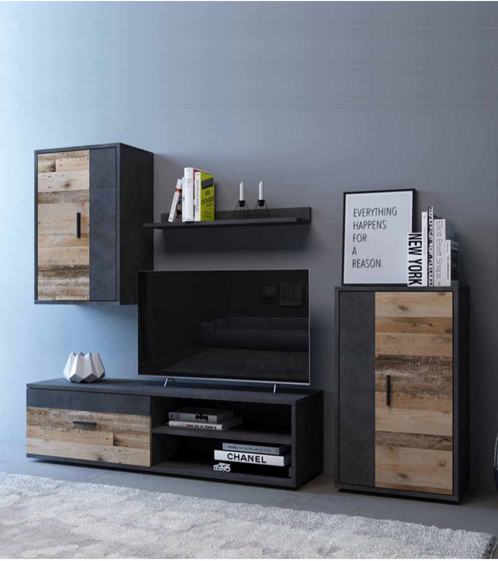 Mueble salón modular BOSCO mueble tv + 2 vitrinas + estante en Madera ...