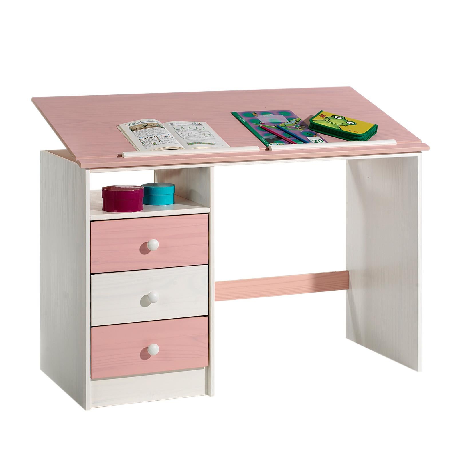 Bureau enfant KEVIN, en pin massif, 3 tiroirs et plateau inclinable ...