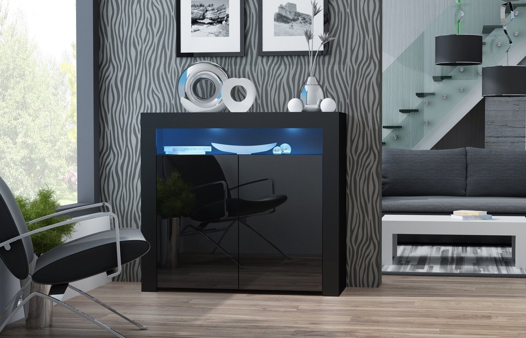 Buffet bahut brillant noir Spider illuminé LED 107 cm Caisson Noir MAT ...