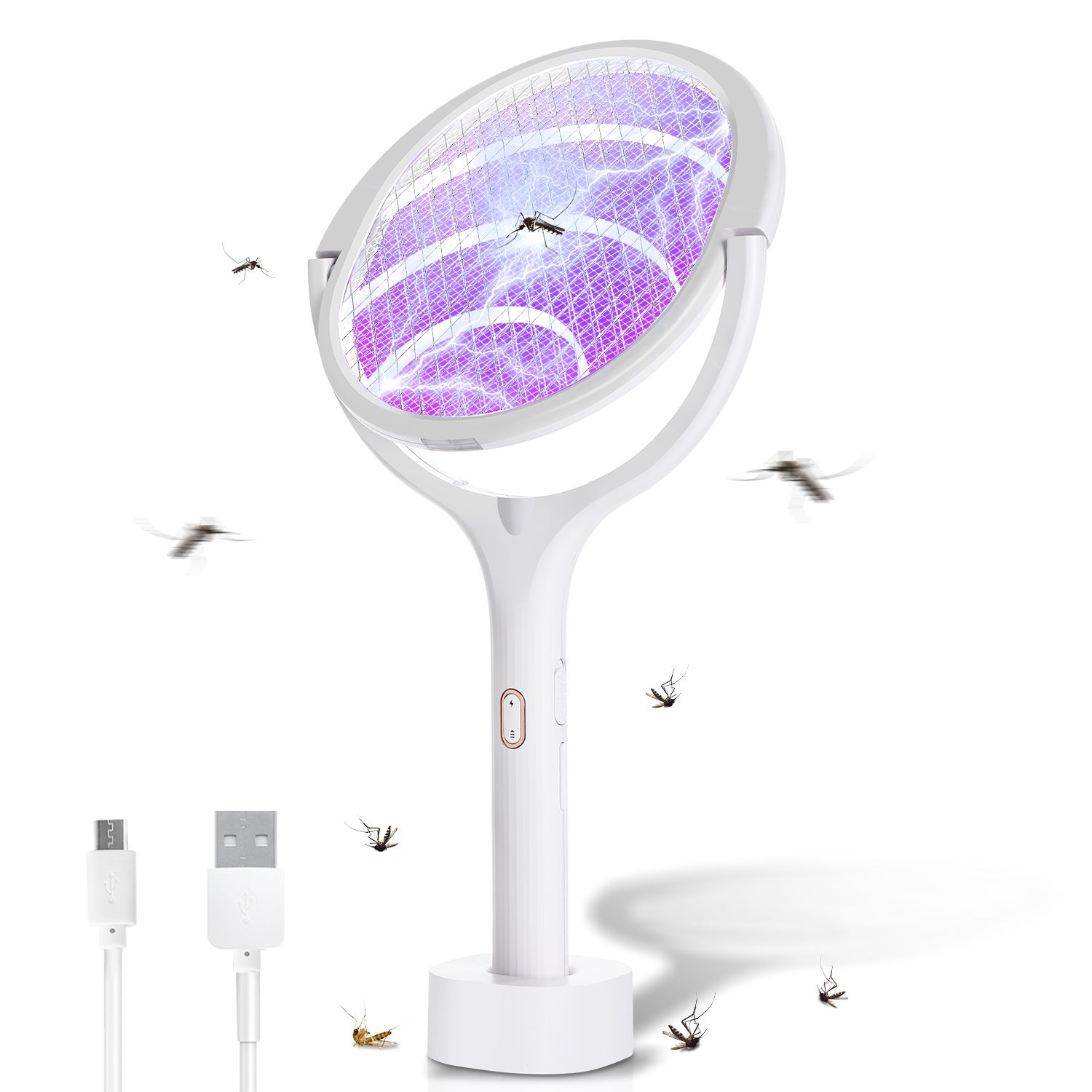 Matamoscas eléctrico 5 en 1, cabeza giratoria, recargable, raqueta ...