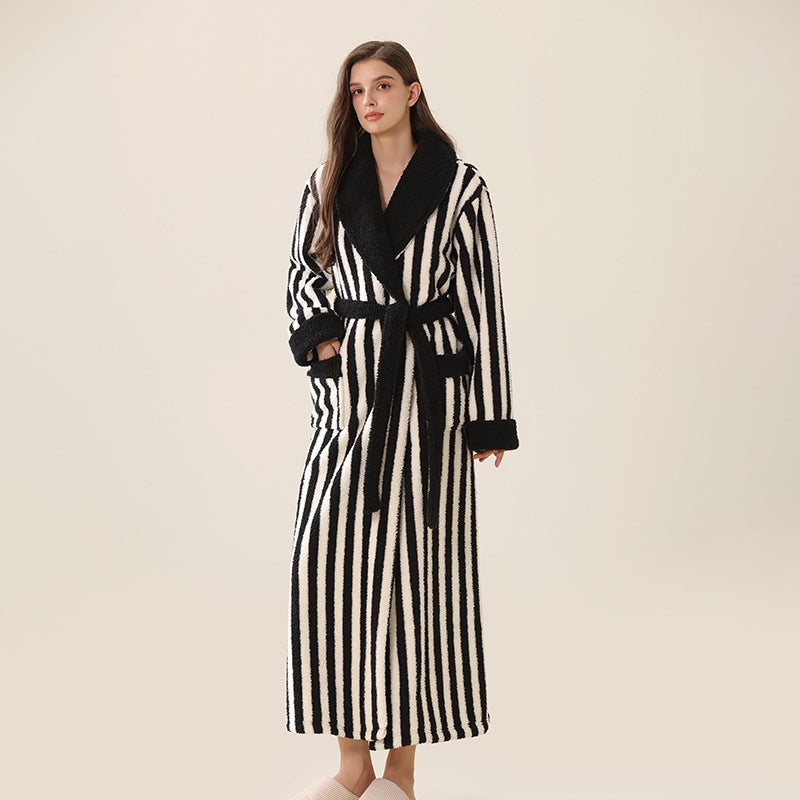 Peignoir en polaire corail mi-long, vêtements de maison rayés extra ...