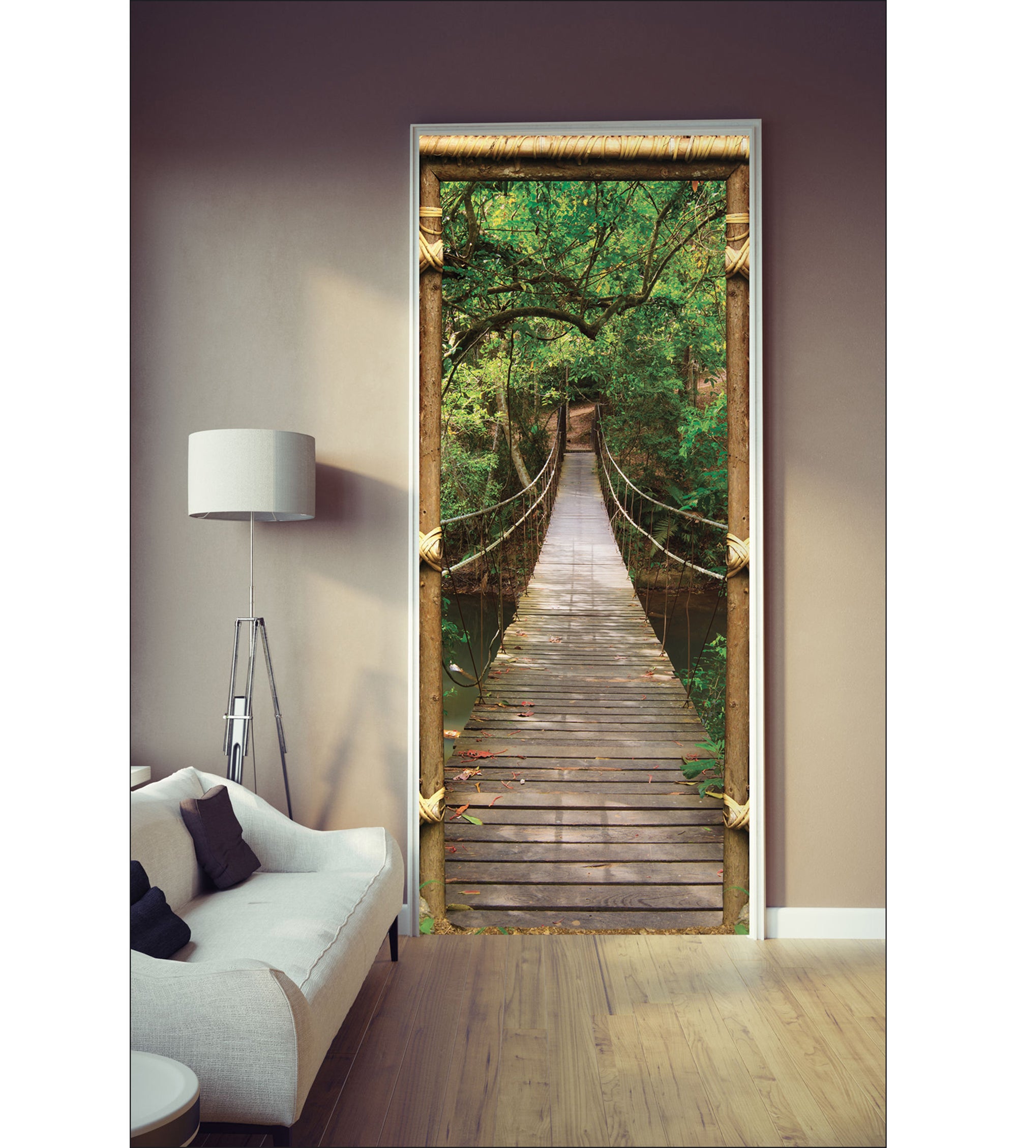Sticker porte, trompe l'oeil ouverture cabane, pont suspendu dans la ...