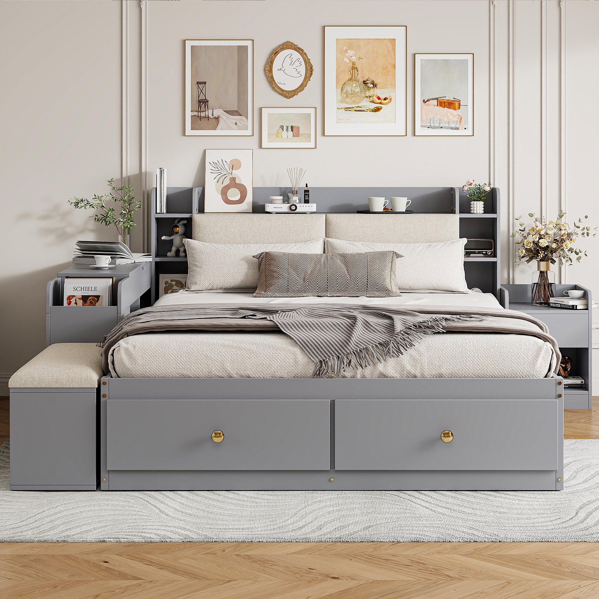 Lit double en bois massif 140x200cm - avec tiroirs et tabouret de ...