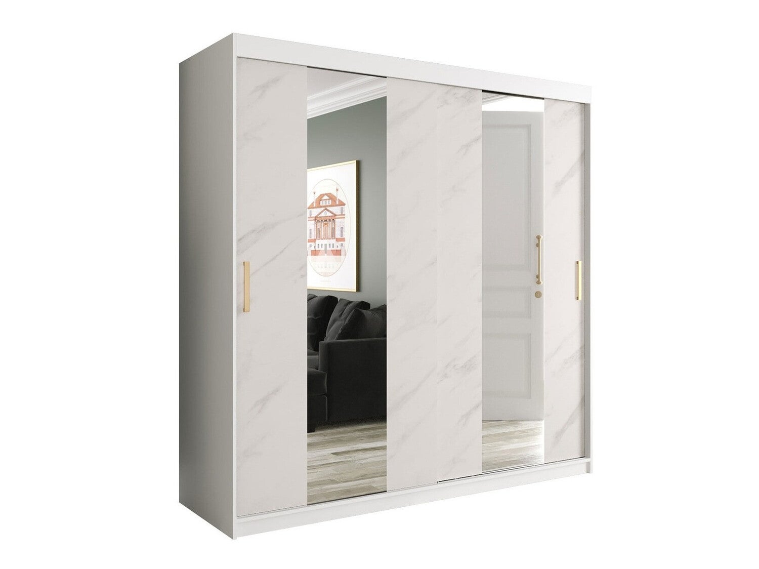 Armario Hartford 244, Mármol blanco, Mate blanco, 200x200x62cm, Puertas ...