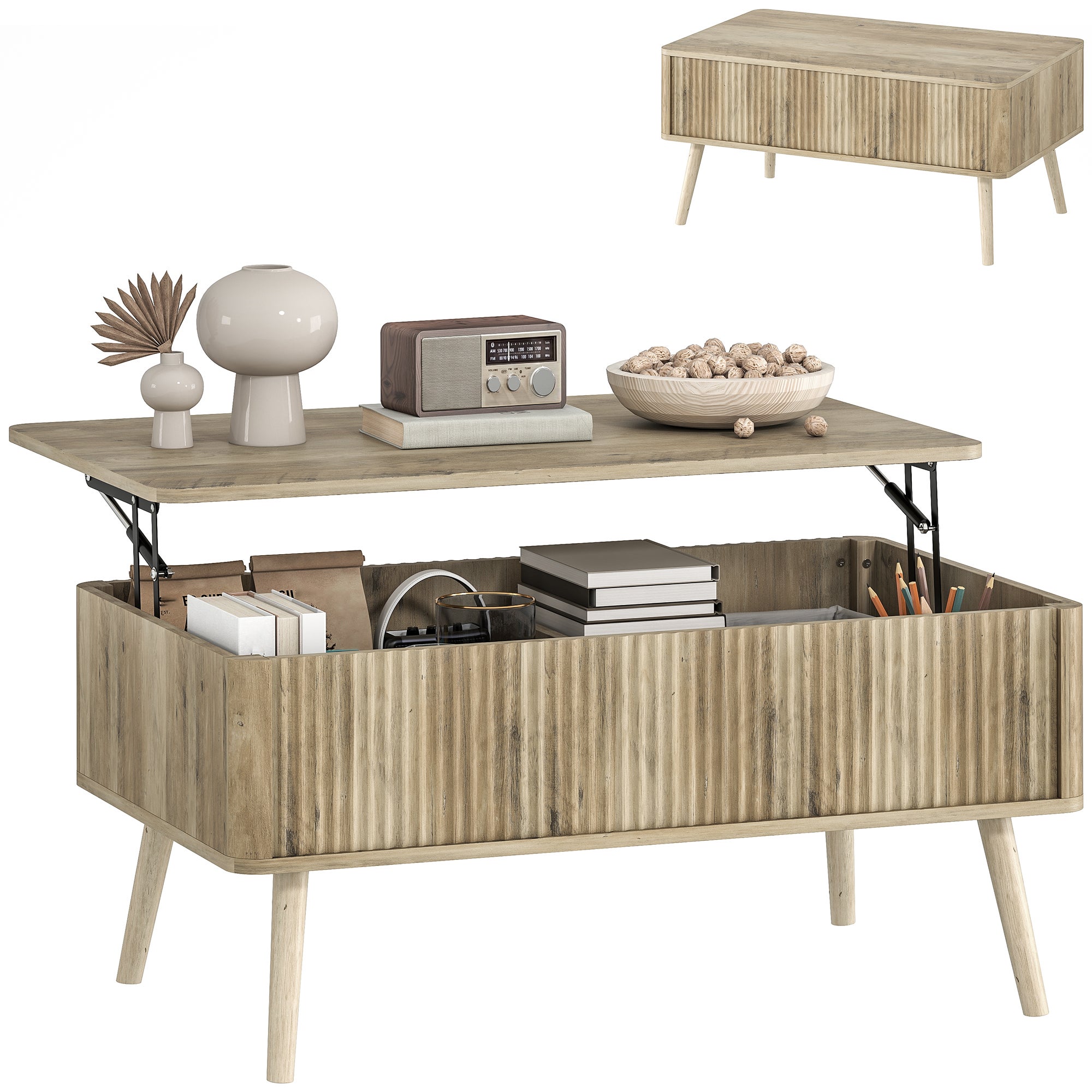 Table basse relevable compartiments rangement cachés pieds pin salon ...