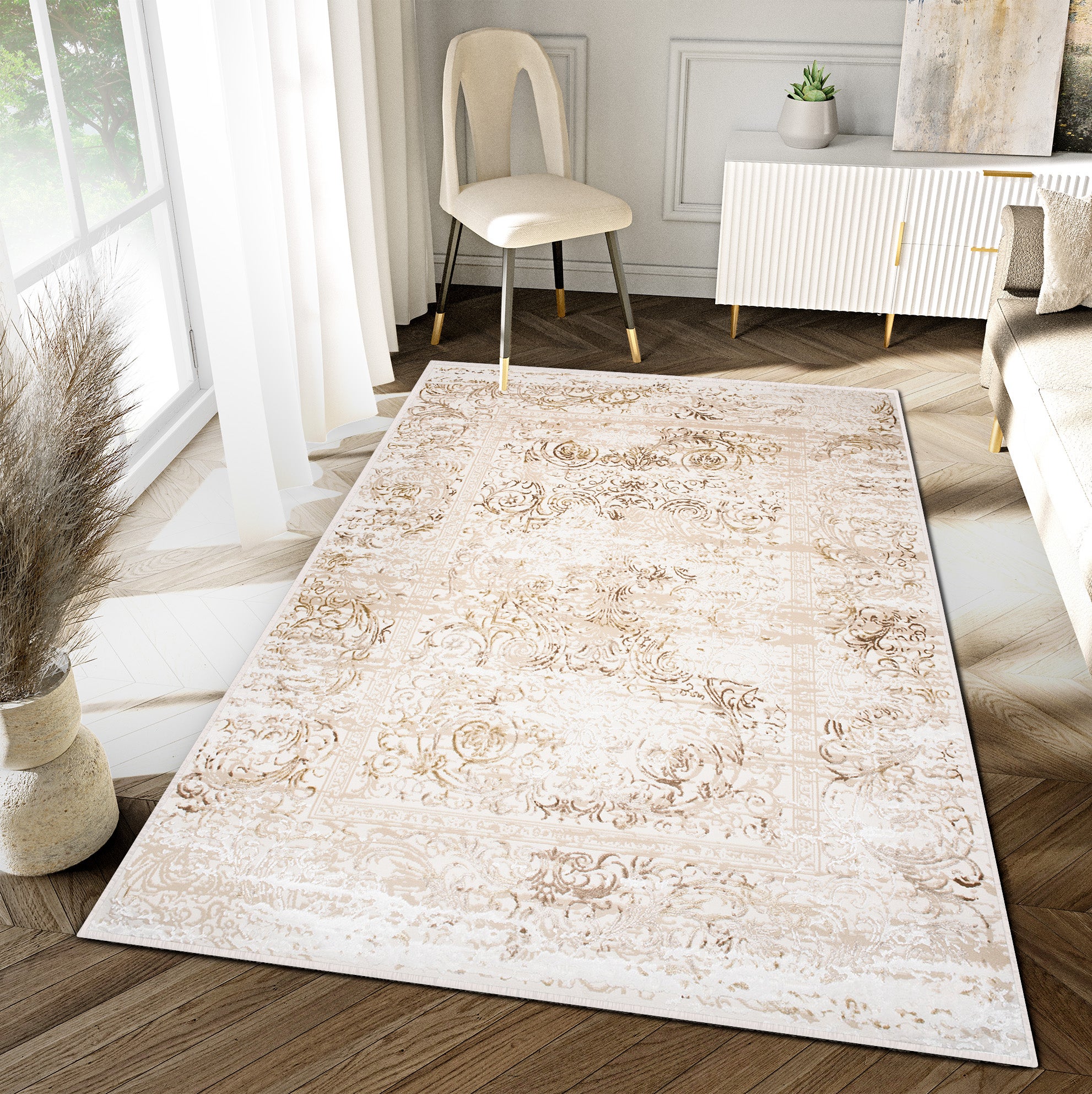 TAPISO Hera Tapis Salon Chambre Brillant Beige Crème Marron Vintage ...