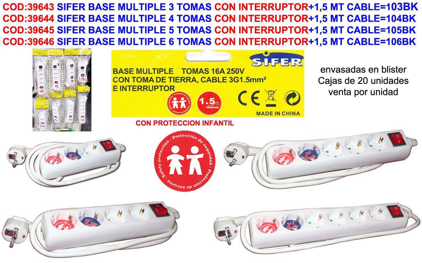Sifer base multiple 5 tomas con interruptor+1,5 mt cable 105bk | Leroy ...