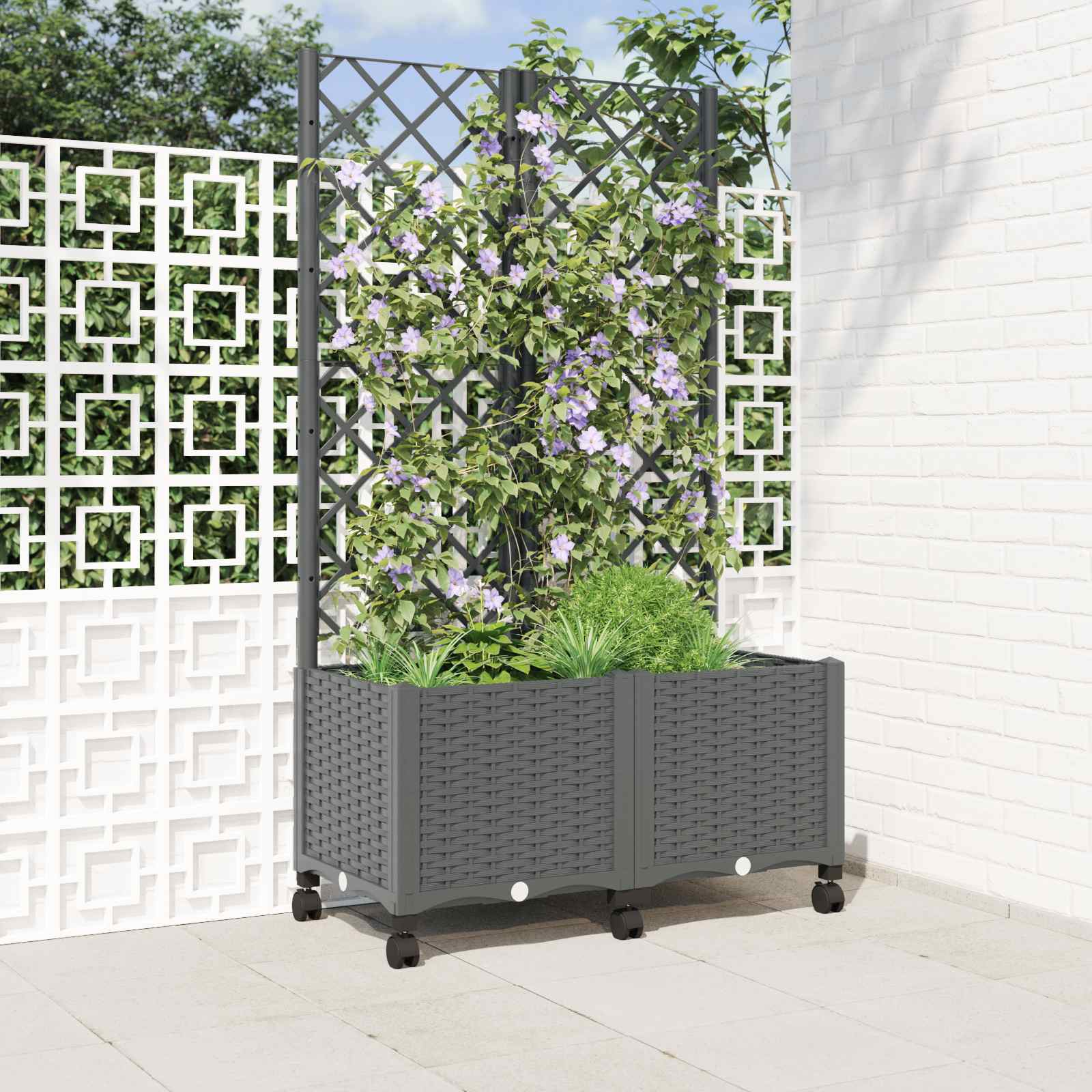 Bac de jardin avec treillis et roues Gris clair PP | Leroy Merlin