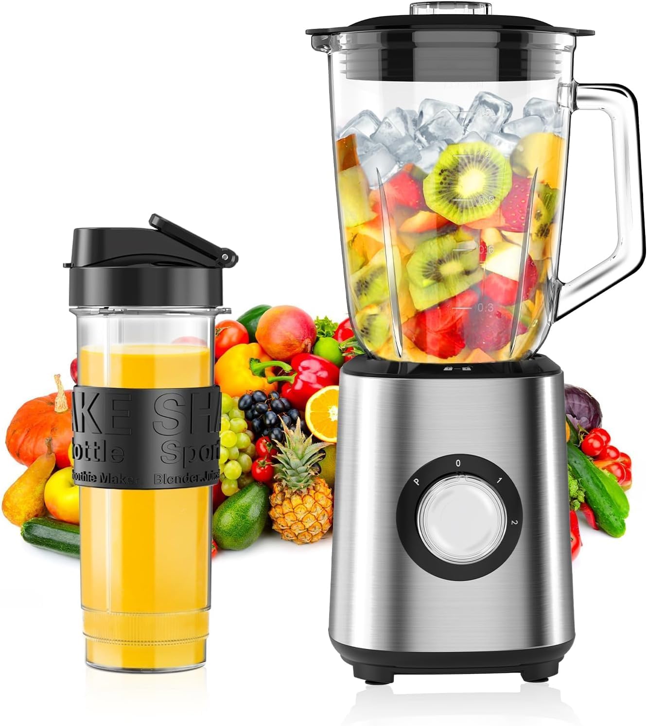 Frullatore 2 in 1 da 700 W - Contenitore in vetro da 1,5 l + contenitore da 570 ml, 2 velocità ...