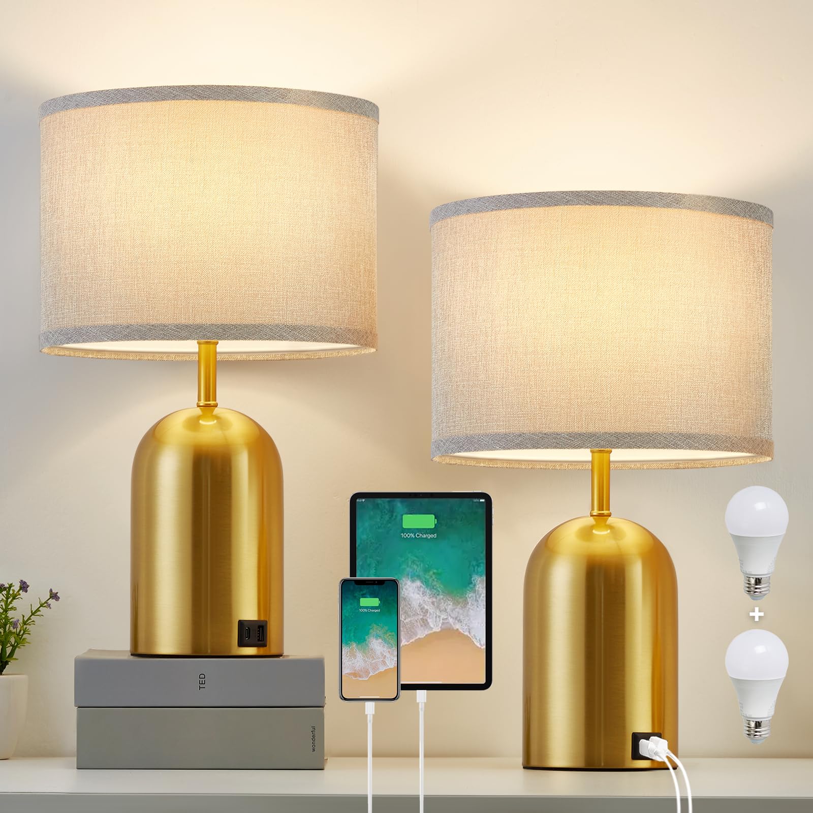 Lot de 2 lampes de chevet avec port USB, lampe de table à commande tactile, lampe de chevet avec ...