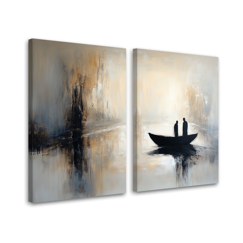 Lot de 2 tableaux pour salon chambre, Beige Bateau et figures ...