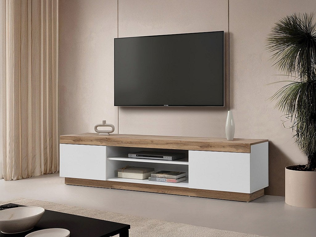 Meuble TV avec 2 portes et 2 niches - Blanc et Naturel - RENIRI | Leroy ...