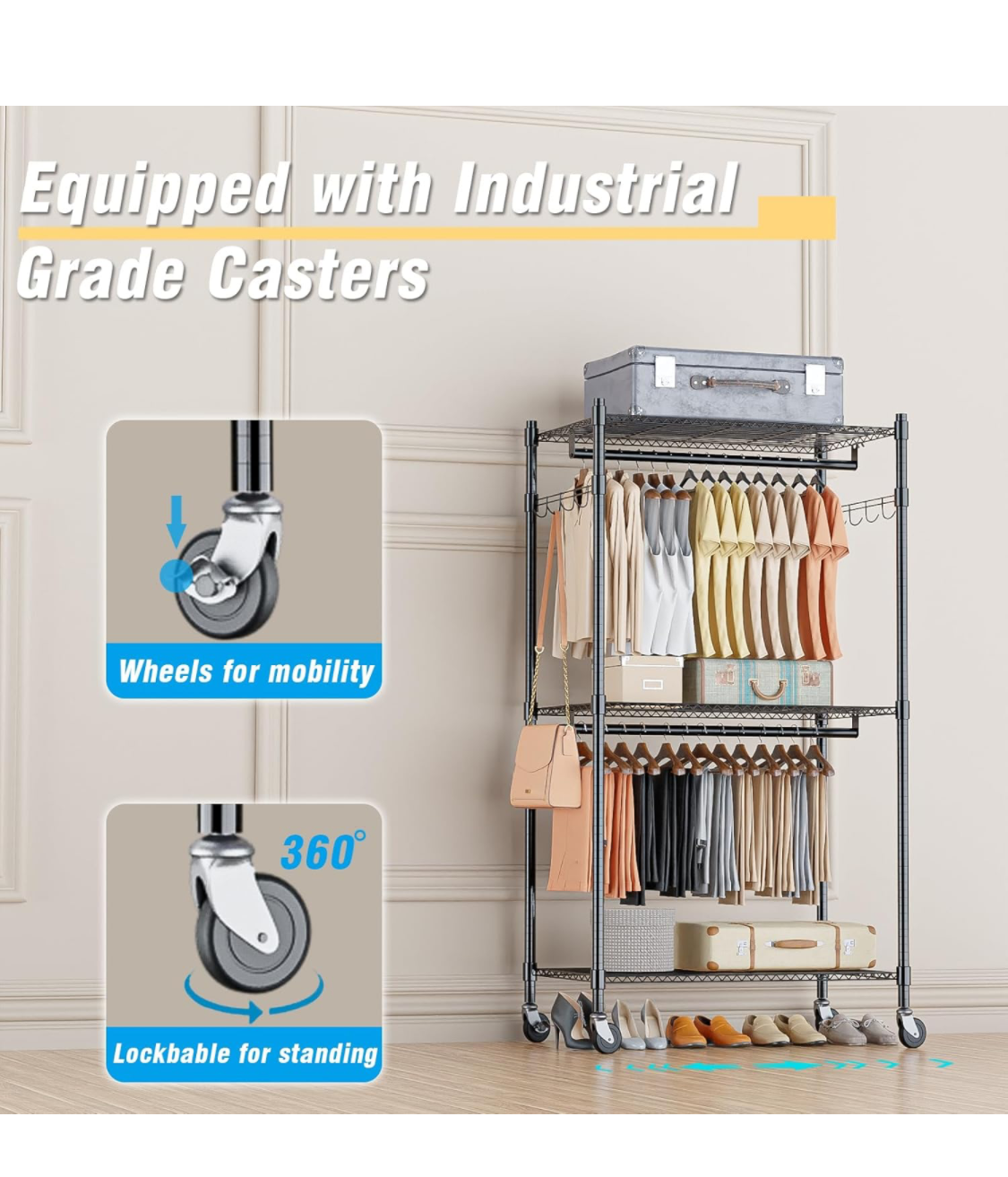 ORION91 Double Rail Coat Rack on Wheels, Adjustable Metal Clothing ...