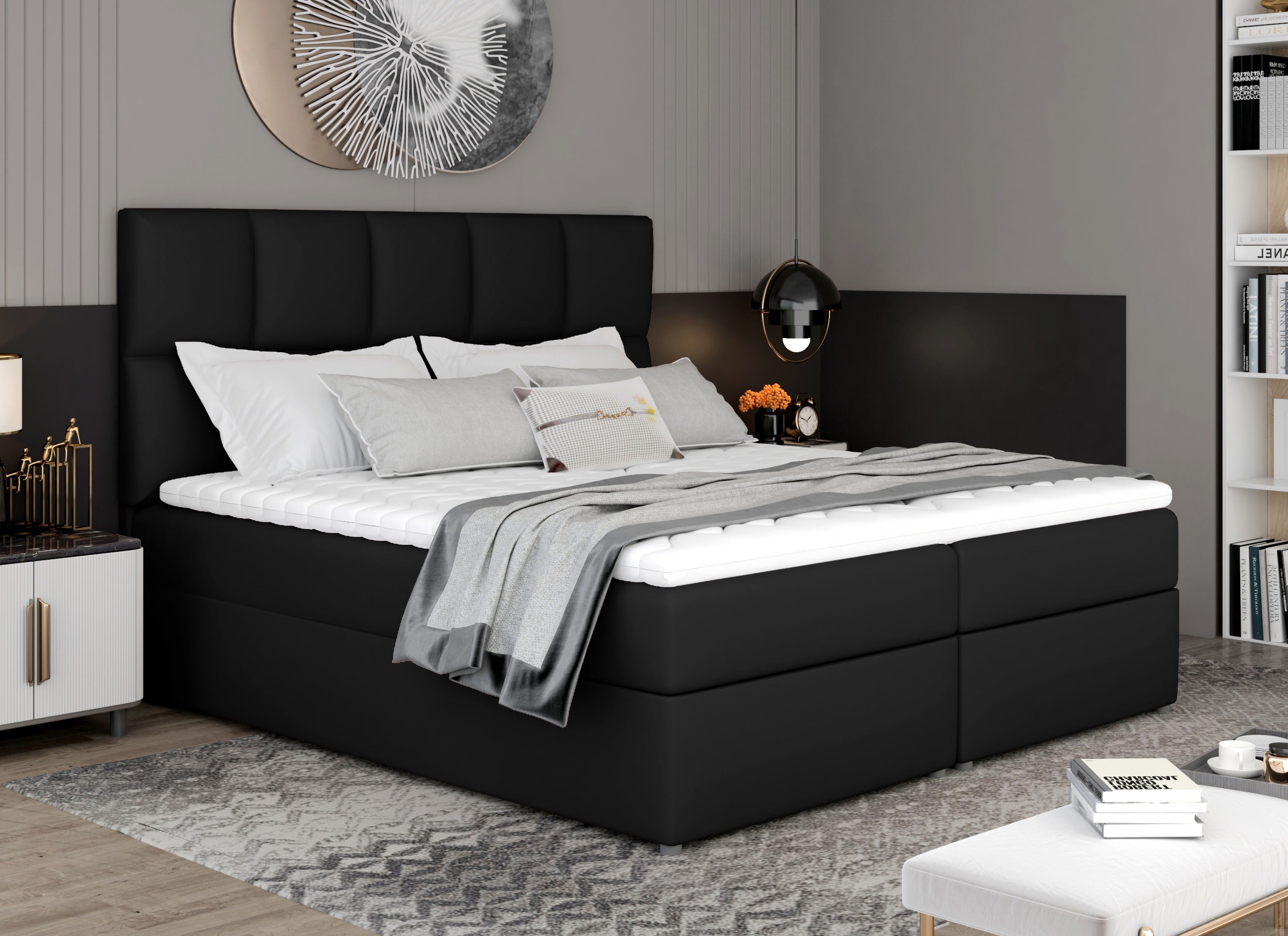 Lit boxspring simili cuir noir avec matelas et surmatelas Lizen-160x200 ...