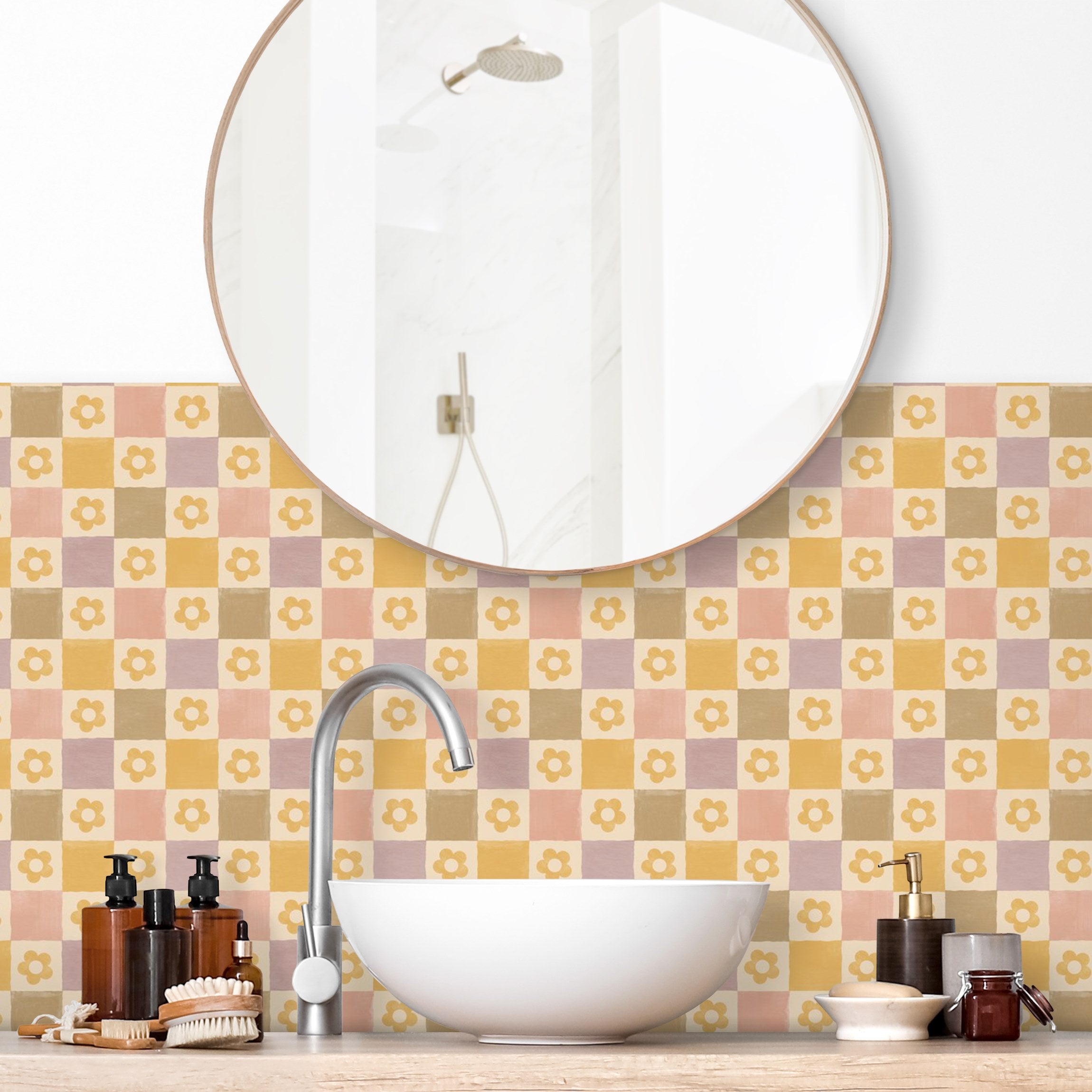 Panneau mural pour salle de bain - Flower power motif à carreaux jaune ...