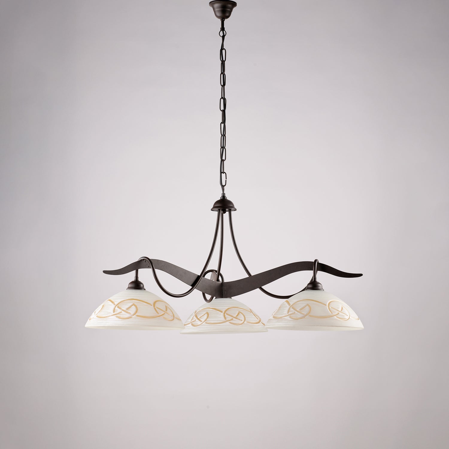 Lustre Bilbao fer noir, déco rouille, diffuseurs verre d.30 blanc et ambre, 3 lumières d.89 cm ...