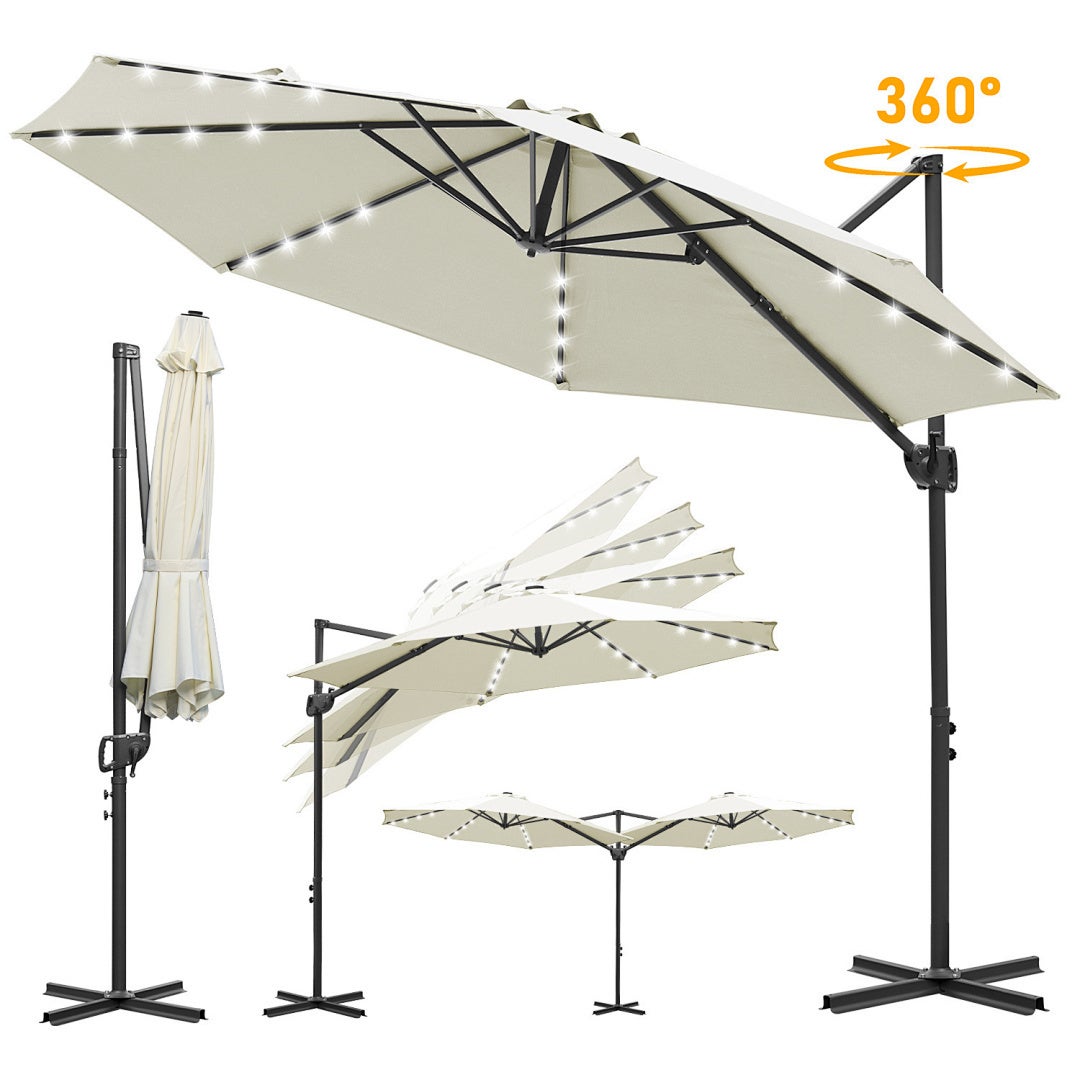 Parasol déporté beige 300 cm avec 28 LED solaires, inclinaison multi ...