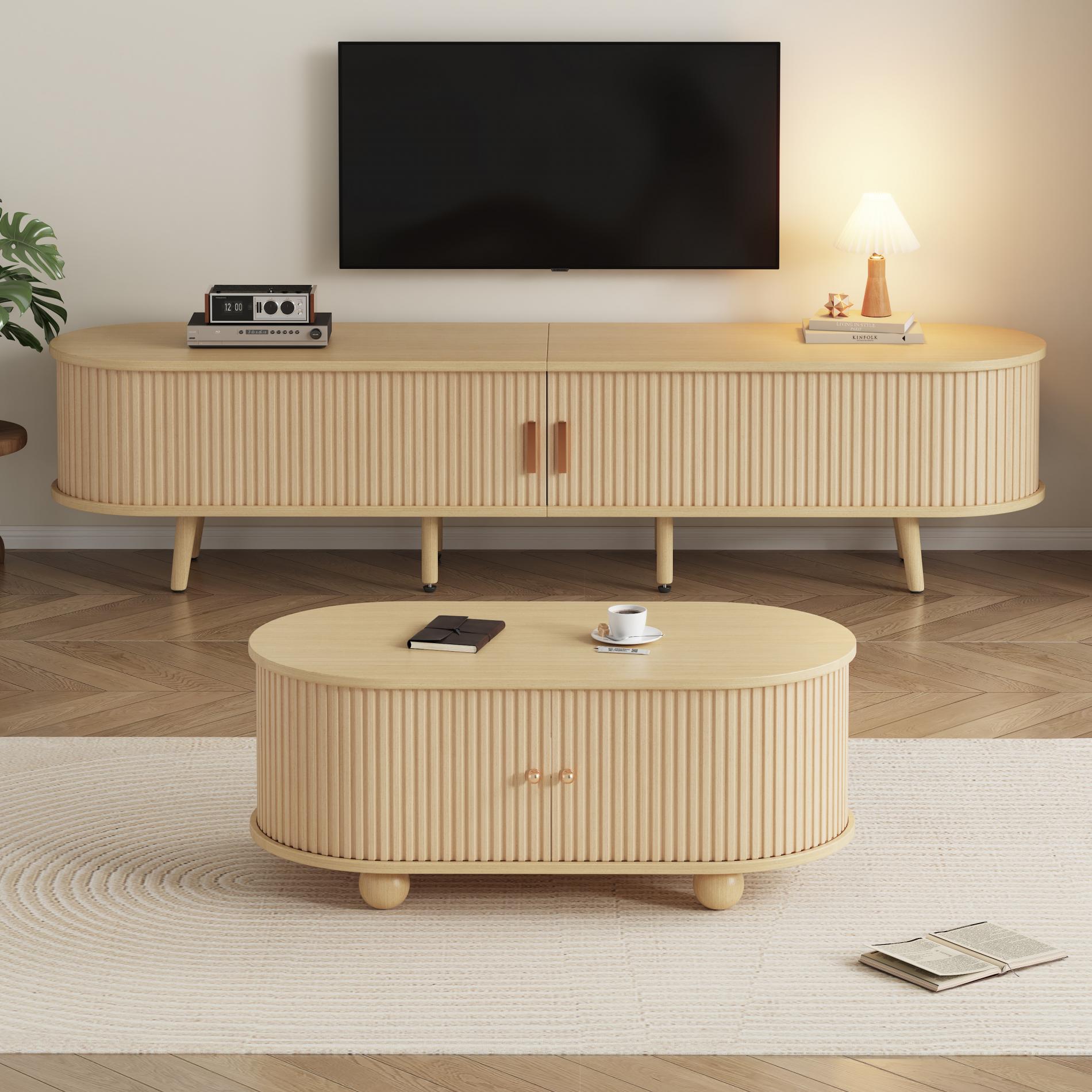 Meuble TV et Table Basse Ovale en MDF avec Rangement – Design ...