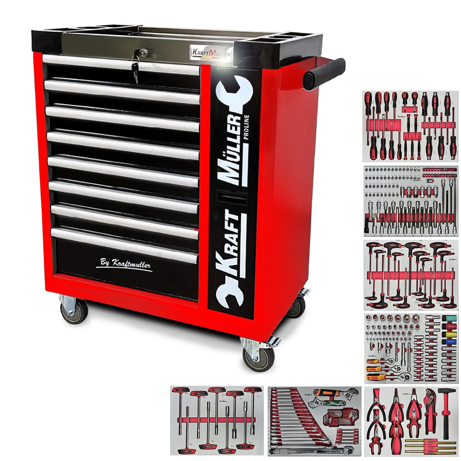 Servante d'atelier Kraft Muller KM-9/7 ROUGE - 296 outils inclus - 8 ...