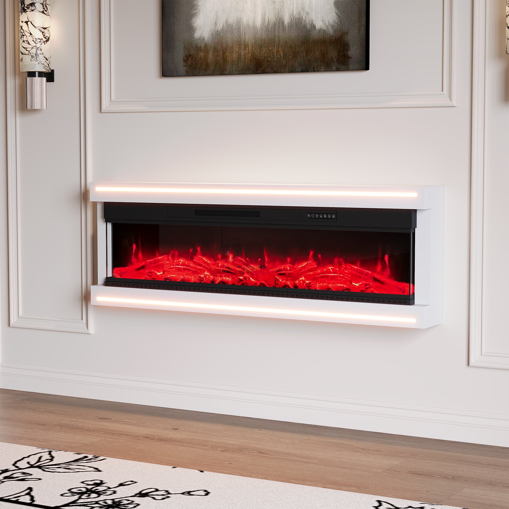 Cheminée électrique Murale Blanche 50'', Effet flamme LED, 750/1500W ...